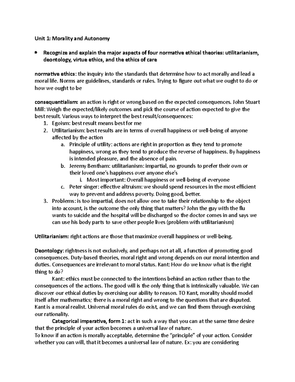 Unit 1- Biomedical Ethics - Unit 1: Morality and Autonomy Recognize and ...