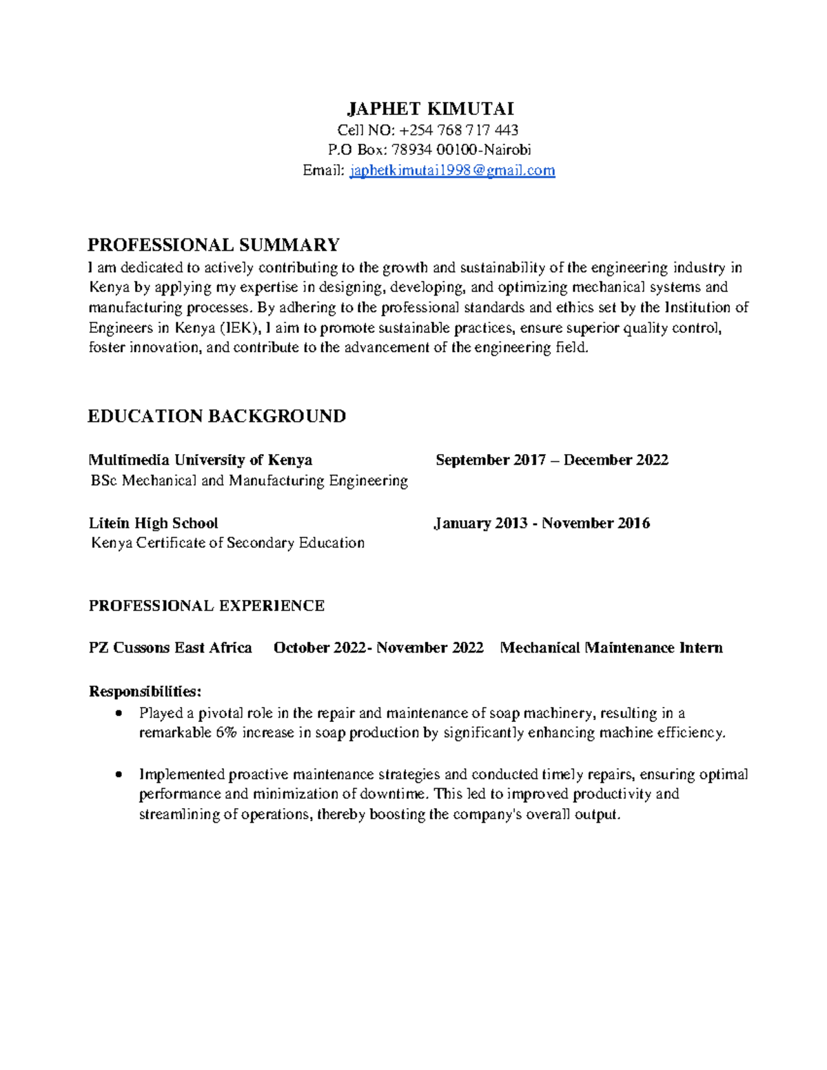 CV Japhet Kimutai - verry good - Information technology - MMU - Studocu