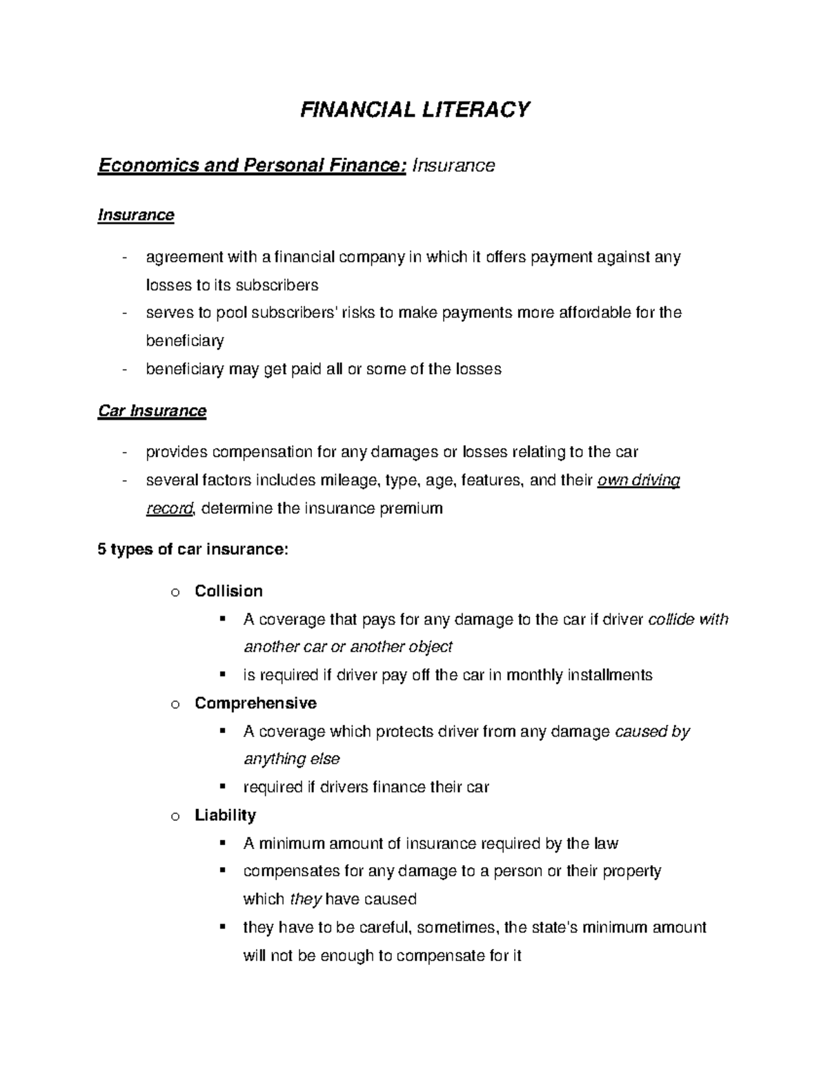 Economics and Personal Finance Insurance - FINANCIAL LITERACY Economics ...