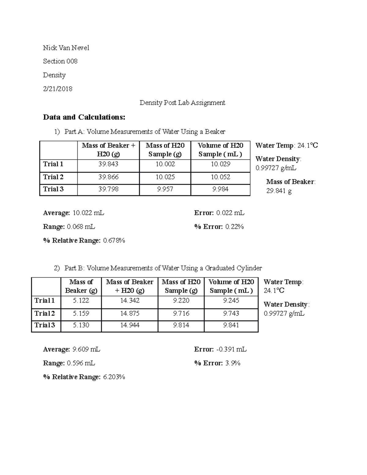 Density Post Lab - Nick Van Nevel Section 008 Density 2/21/ Density Post Lab Assignment Data and ...