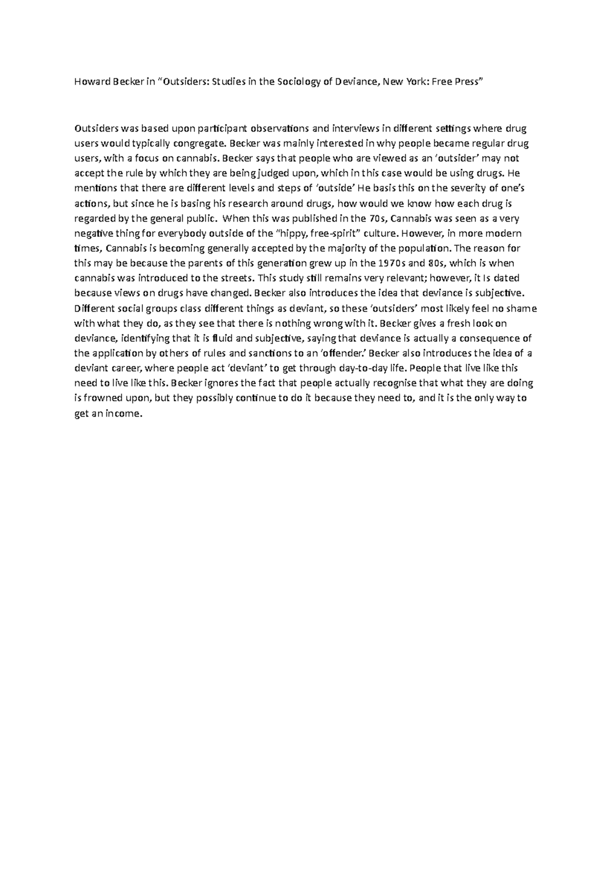 RJ 8 Becker - Howard Becker in “Outsiders: Studies in the Sociology of ...