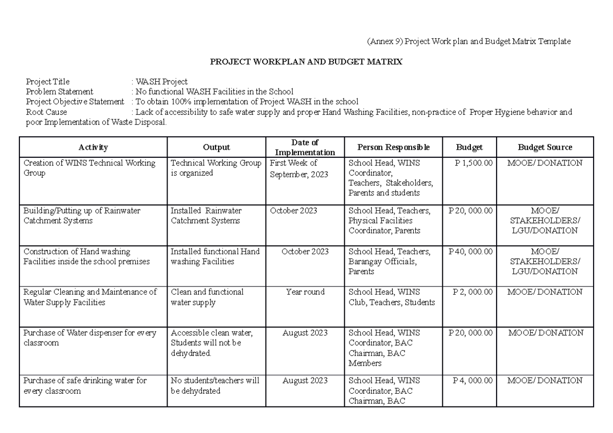 AIP-WINS-2023 - AIP - (Annex 9) Project Work plan and Budget Matrix ...