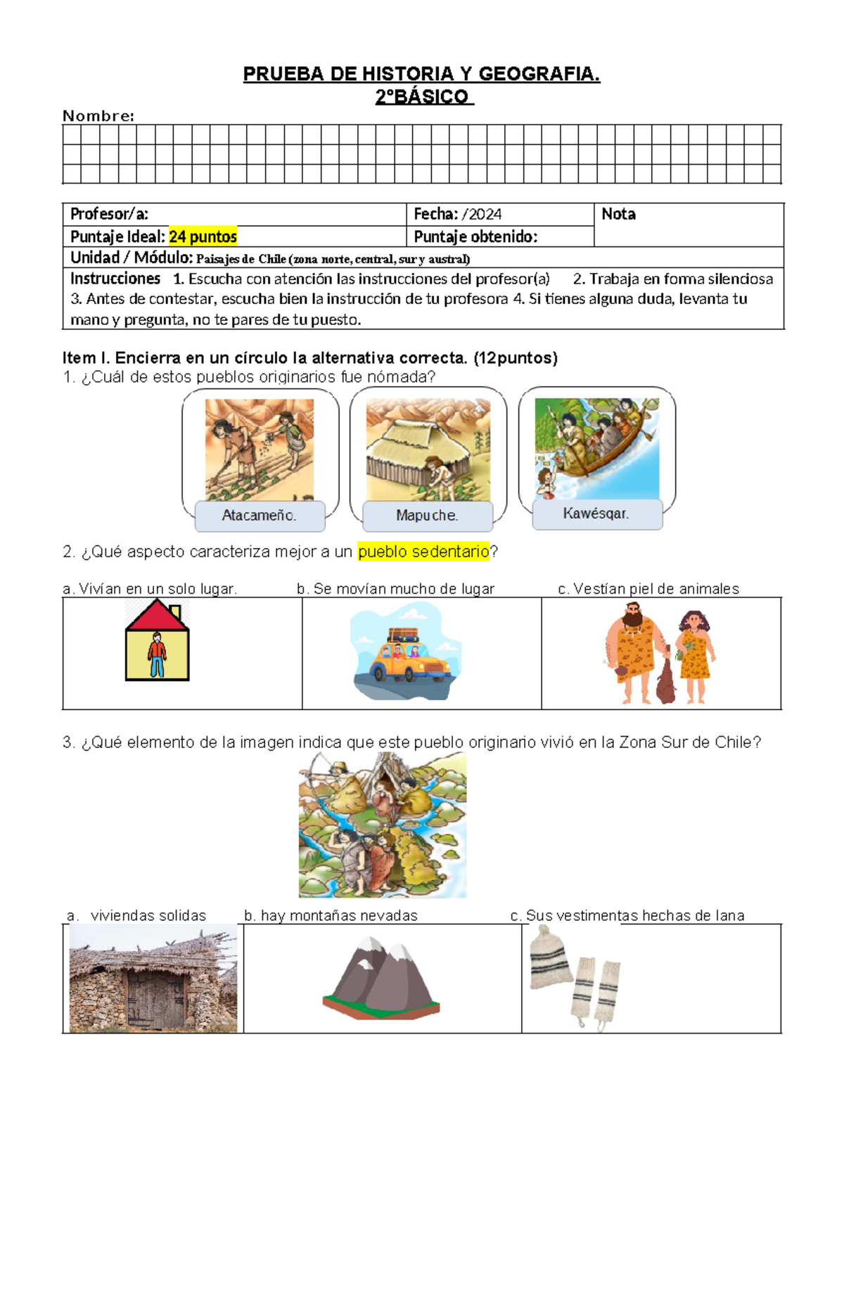 Evaluación pueblos originarios 2° B(Adecuada) - PRUEBA DE HISTORIA Y ...