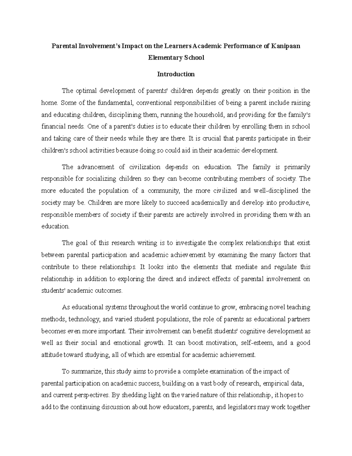 Parental Involvement - Thesis Draft - Parental Involvement’s Impact on ...