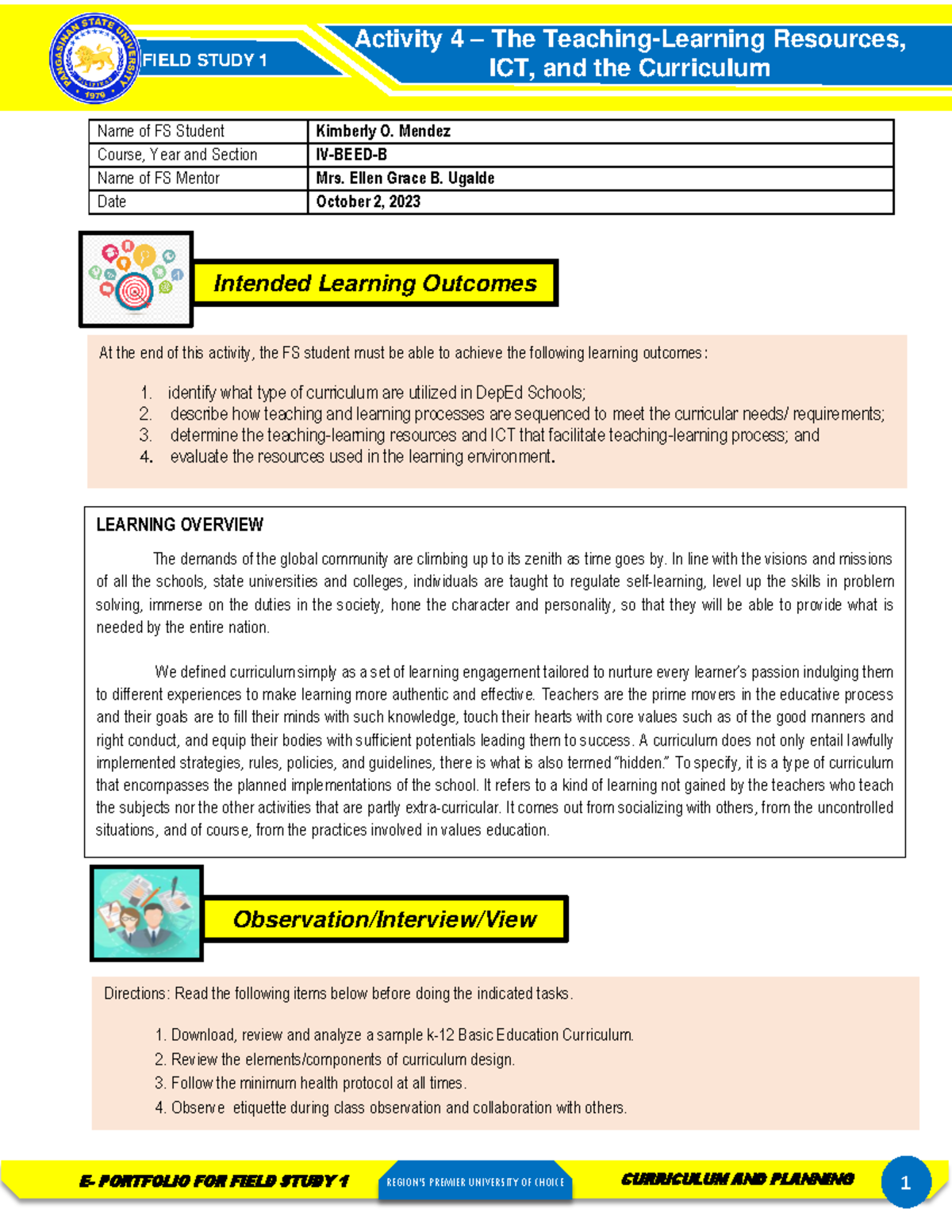 FS1-Activity-4 - FS1-Activity-4 - FIELD STUDY 1 ICT, and the Curriculum ...