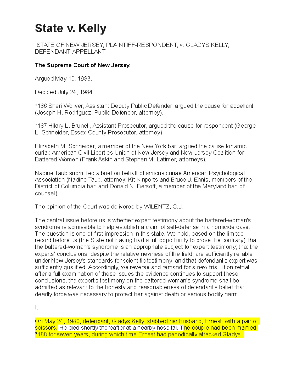 State v. Kelly - Case Brief Notes - battered women syndrome - State v ...
