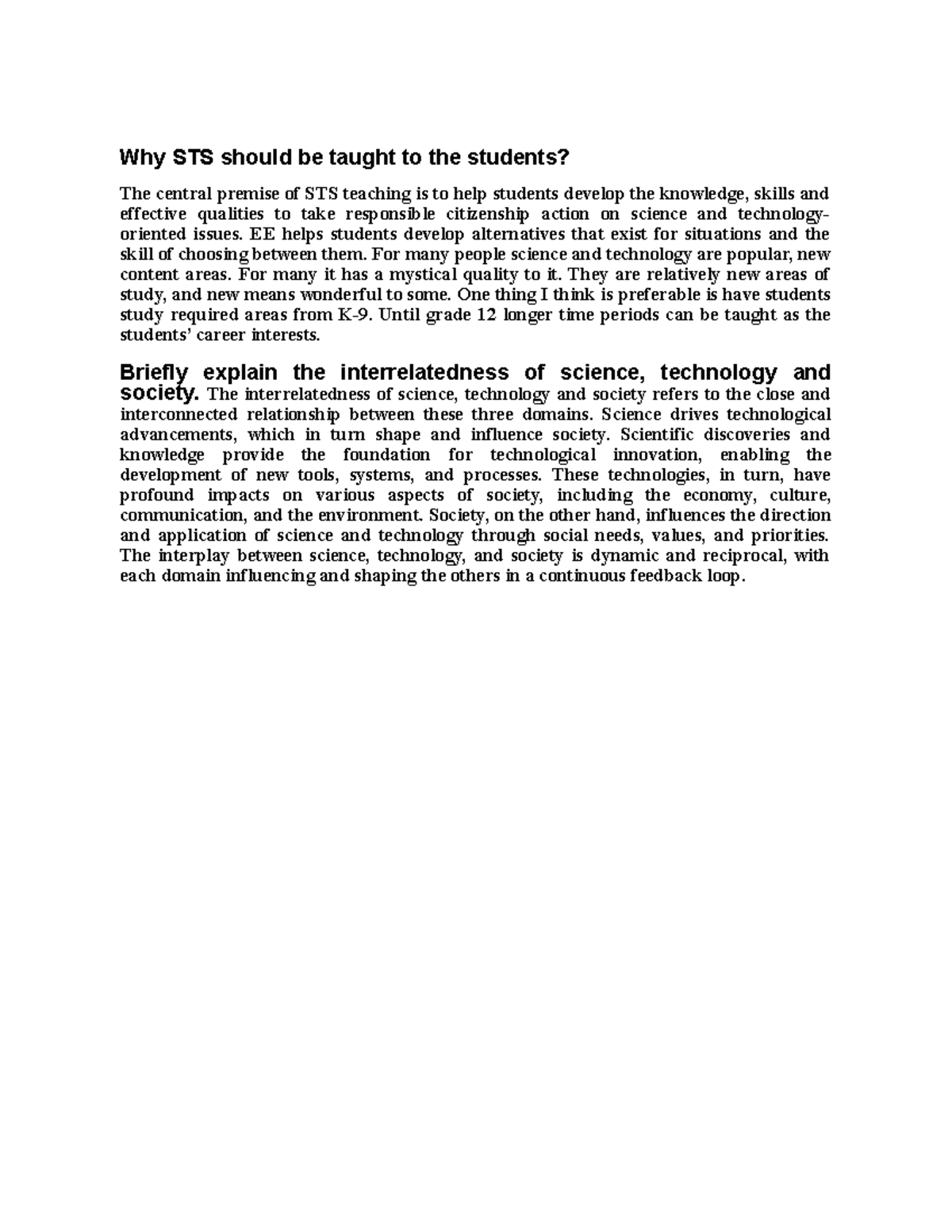 STS 01Worksheet 2 - answer - Why STS should be taught to the students ...