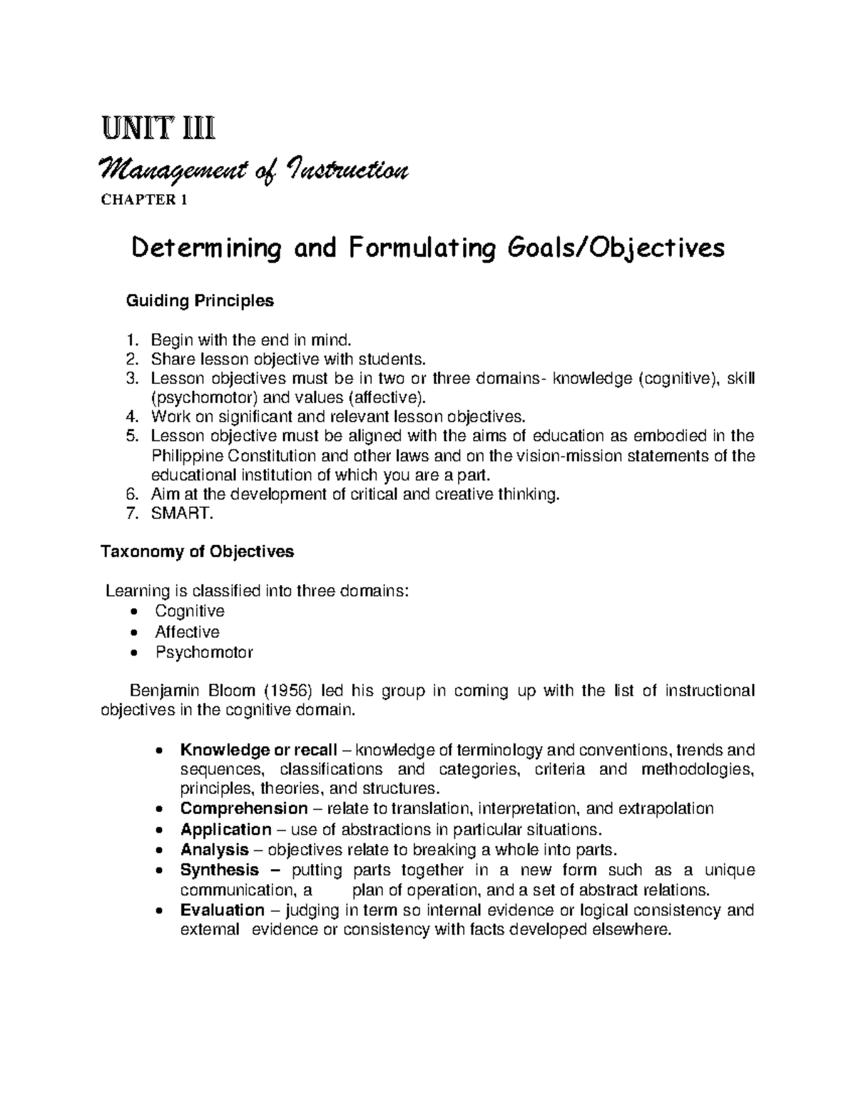 Principles of Teaching 1. Unit 3 - UNIT iii Management of Instruction ...