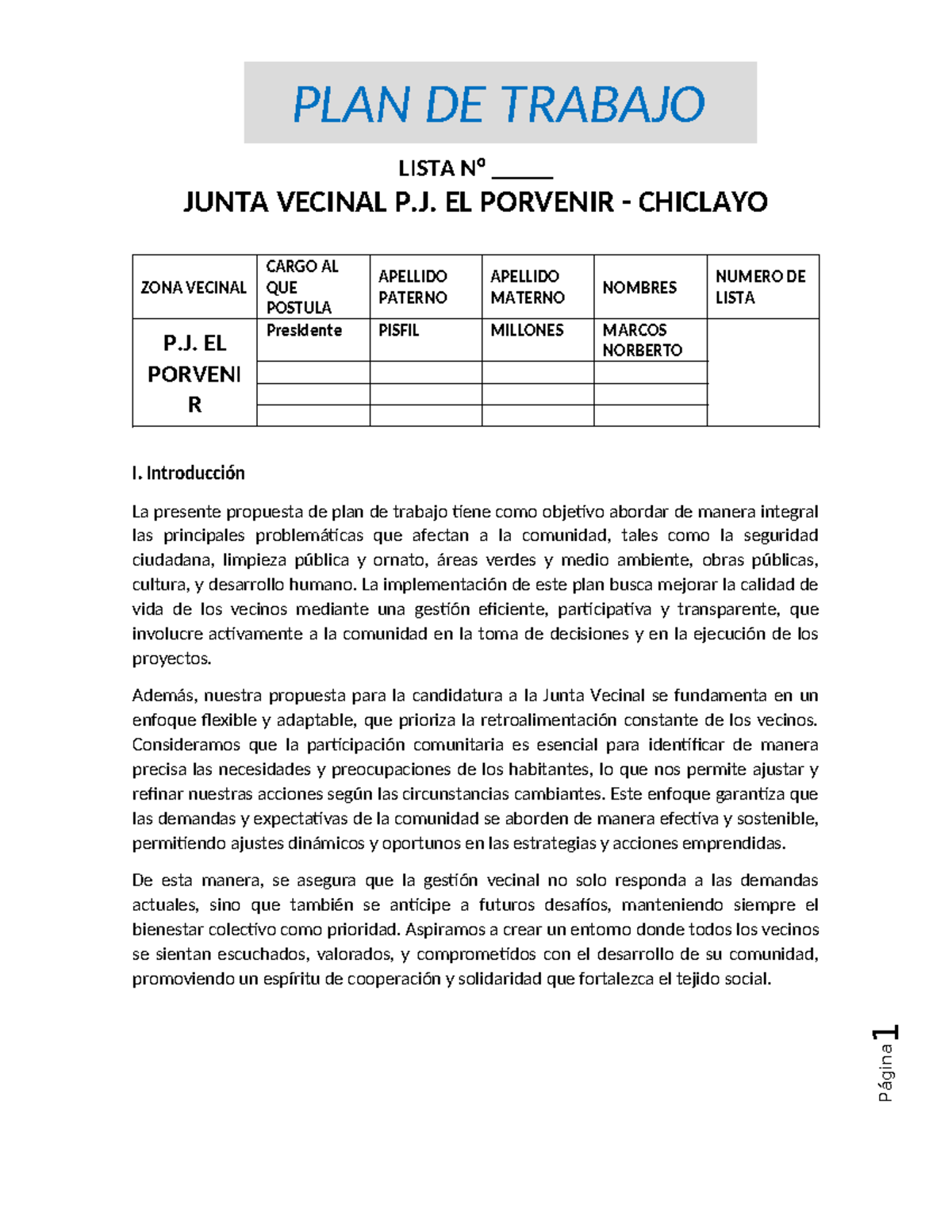 Plan de trabajo junta vecinal - 1 LISTA N° _____ JUNTA VECINAL P. EL PORVENIR - CHICLAYO ZONA ...