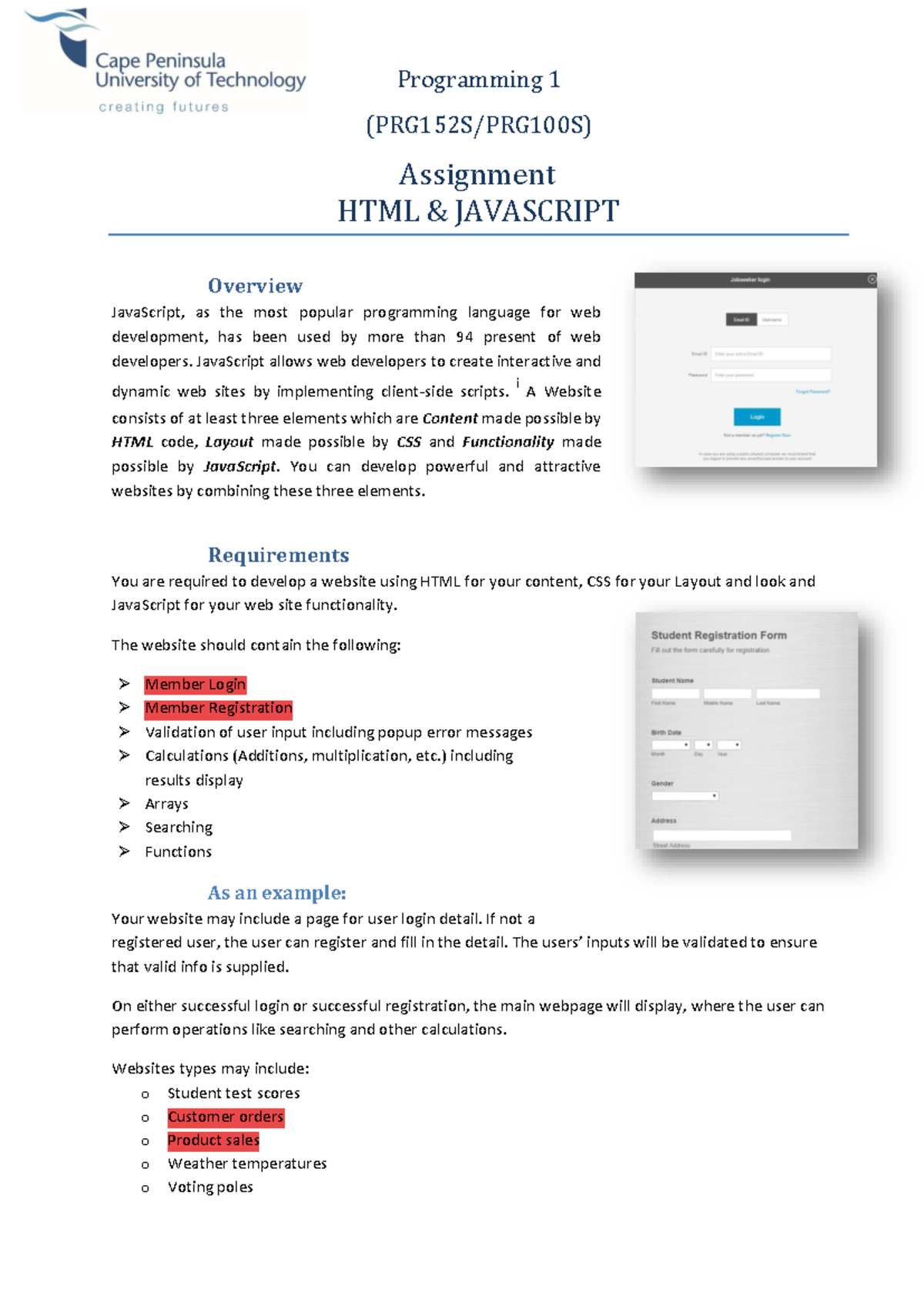 PRG152S Website Assignment 2 Java Script 2023 - Programming 1 (PRG152S/PRG100S) Assignment HTML ...