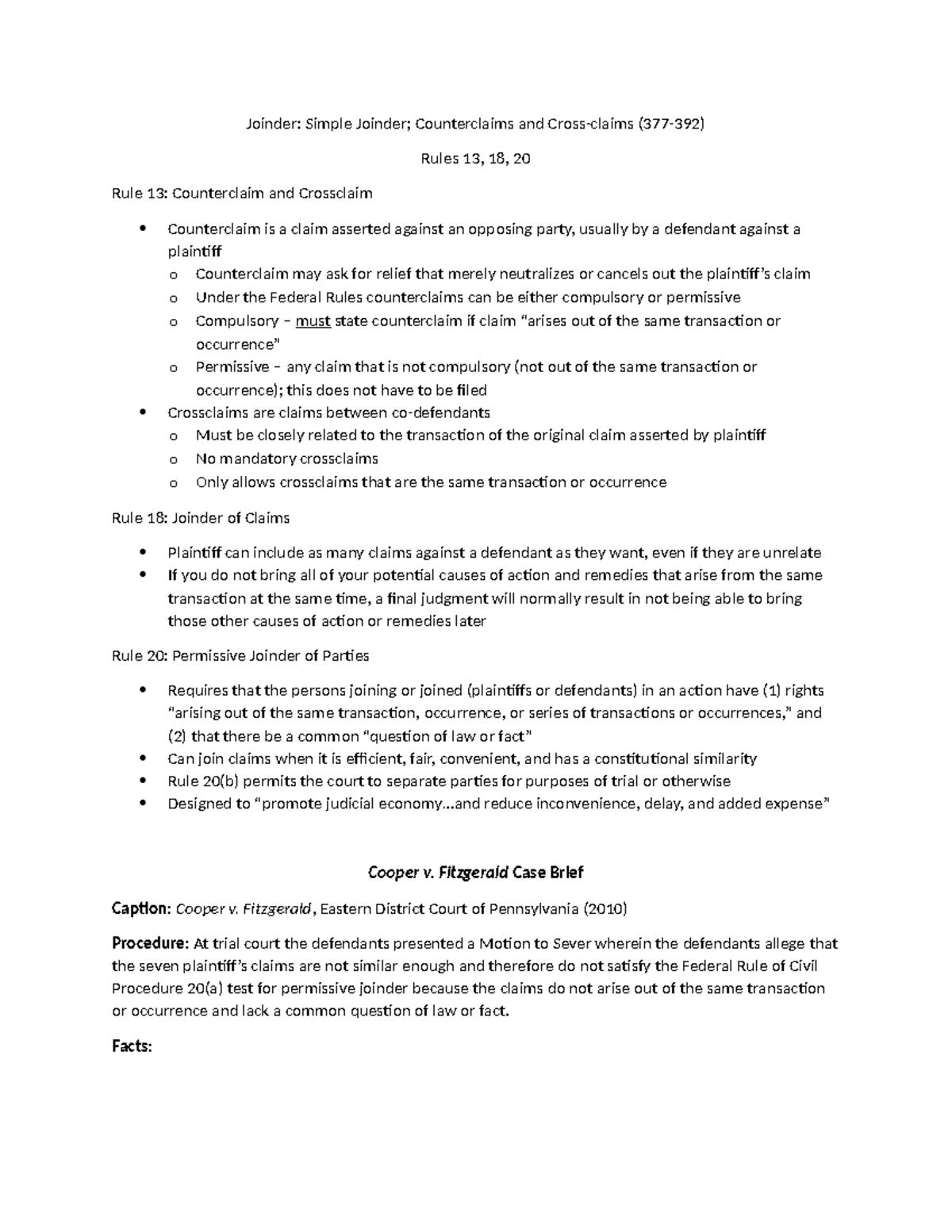 Joinder Notes - Joinder: Simple Joinder; Counterclaims and Cross-claims ...