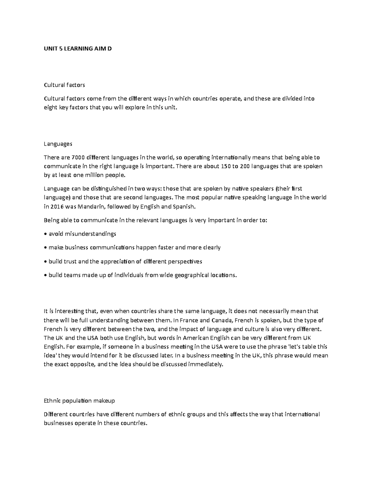 Pearson BTEC National Business Unit 5 Learning Aim D - UNIT 5 LEARNING ...