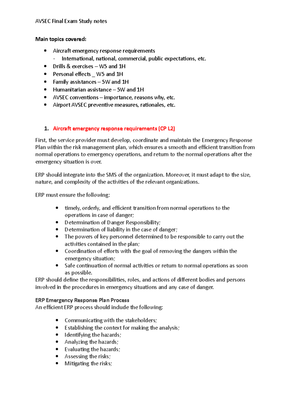 Avsec Final exam study notes - Main topics covered: Aircraft emergency ...