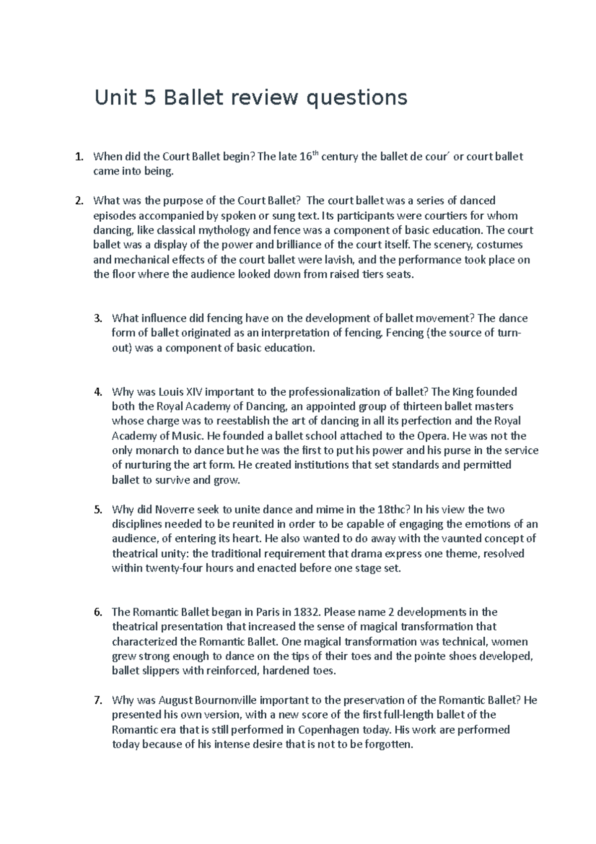 Unit 5 Ballet review questions - Unit 5 Ballet review questions When ...