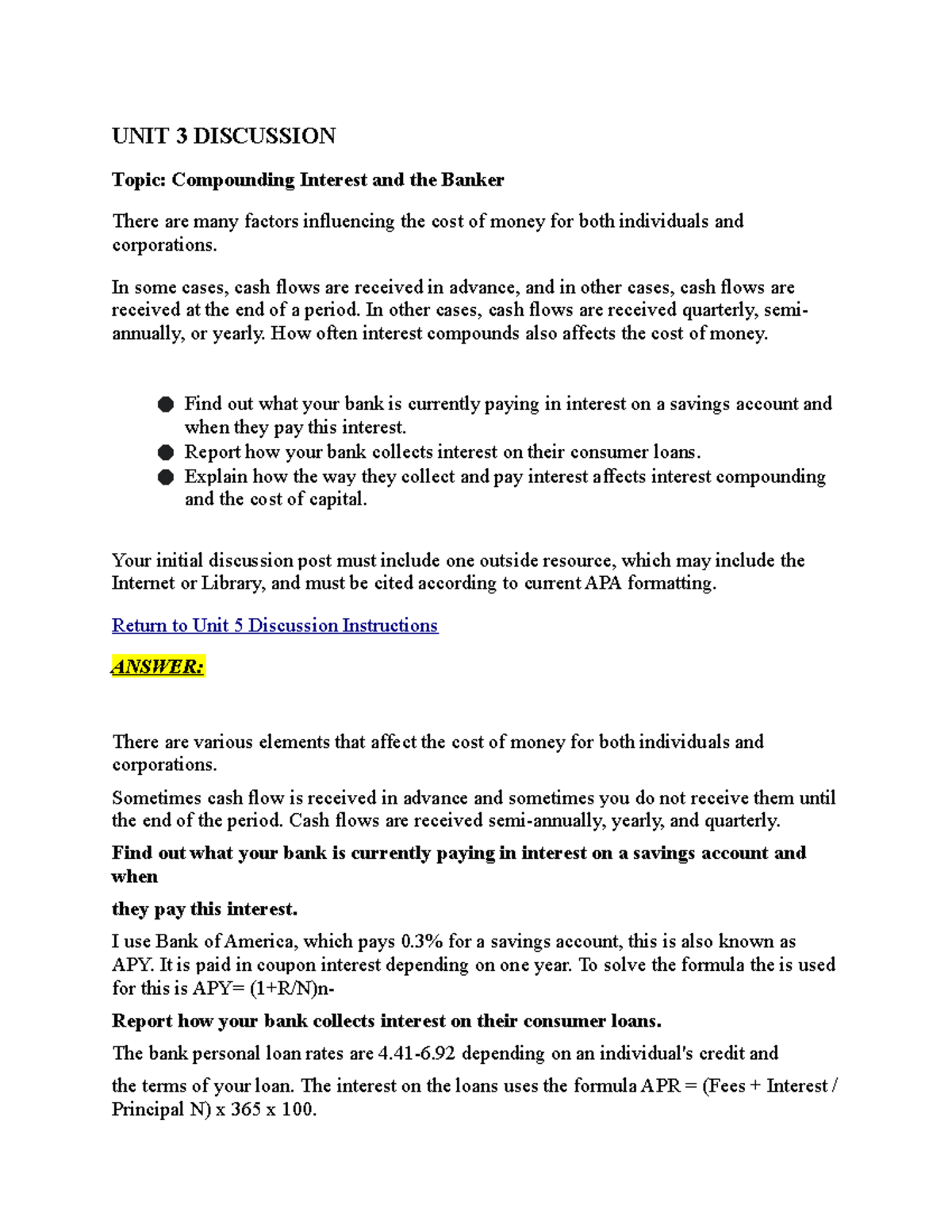 MT480 Corporate Finance Unit 5 Discussion - UNIT 3 DISCUSSION Topic ...