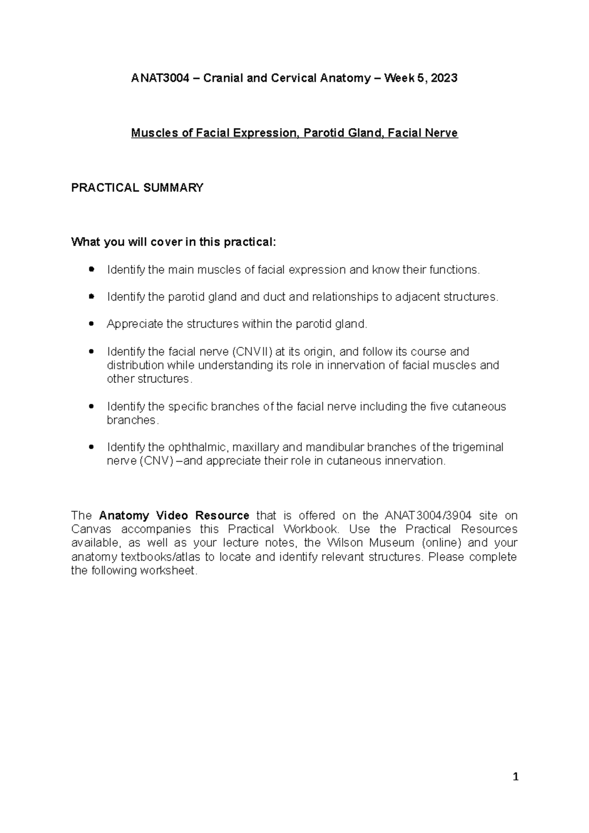 W5 Practical Worksheet Facial Expression Facial Nerve 2023-1 - ANAT3004 ...