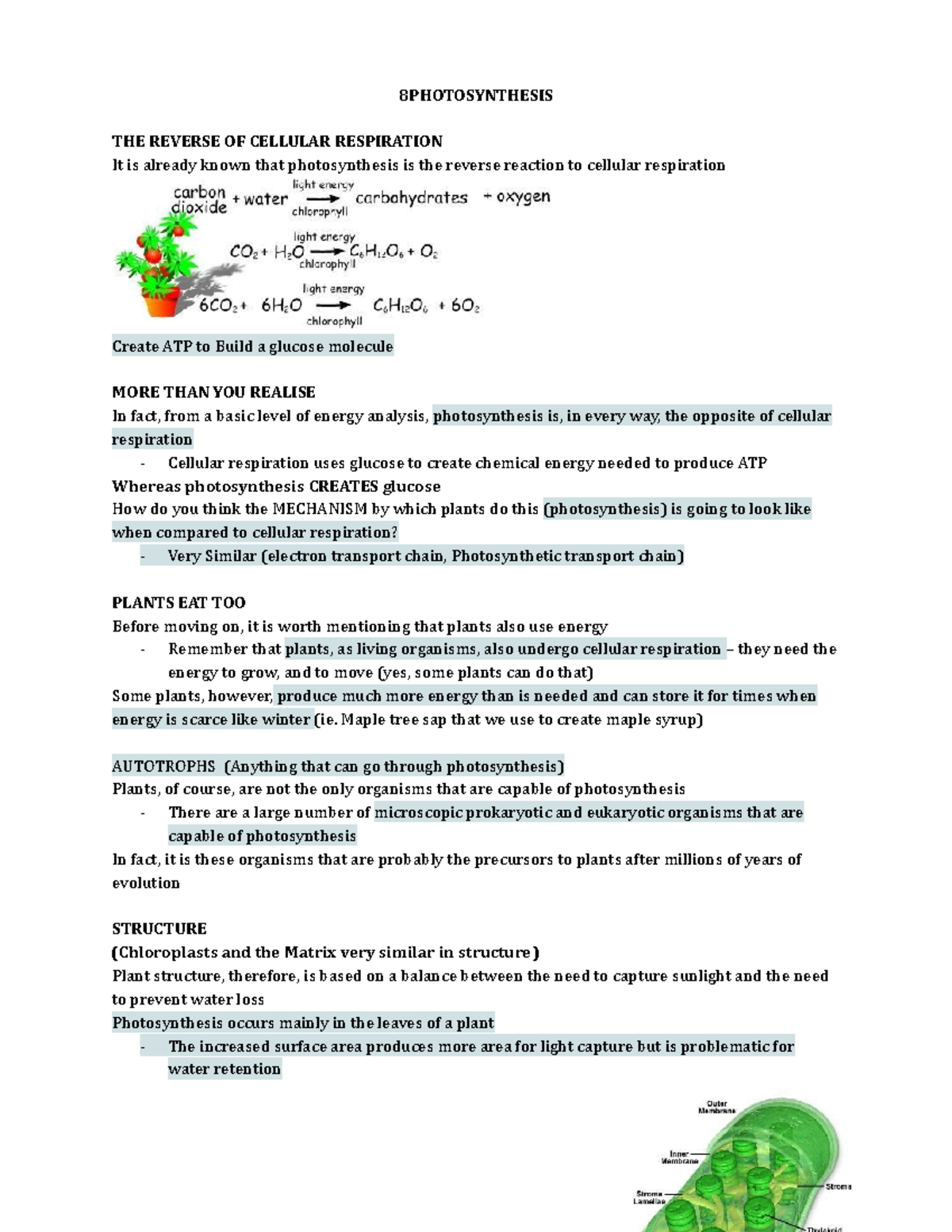 Photosynthesis Notes - 8PHOTOSYNTHESIS THE REVERSE OF CELLULAR ...