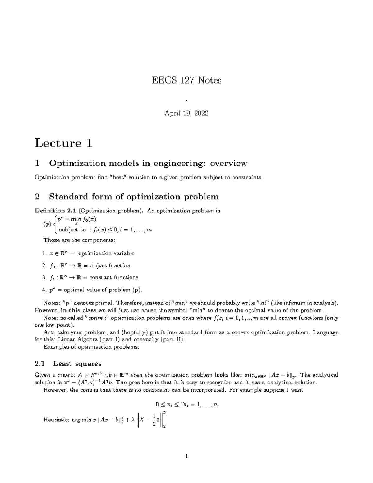 127 Notes Sp22 Eecs 127 Notes April 19 2022 Lecture 1 1 Optimization Models In Engineering