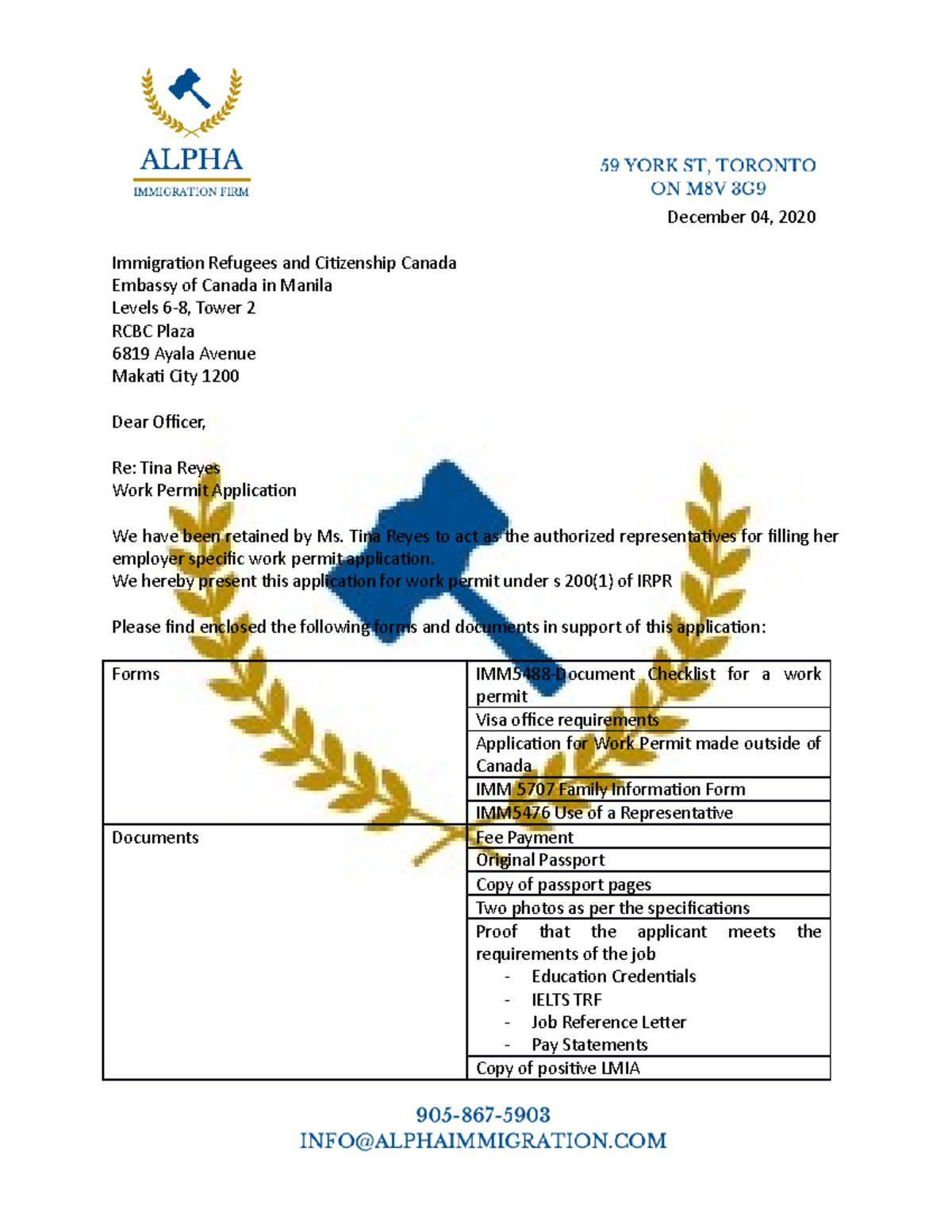 Submission Letter Tina Reyes - December 04, 2020 Immigration Refugees ...