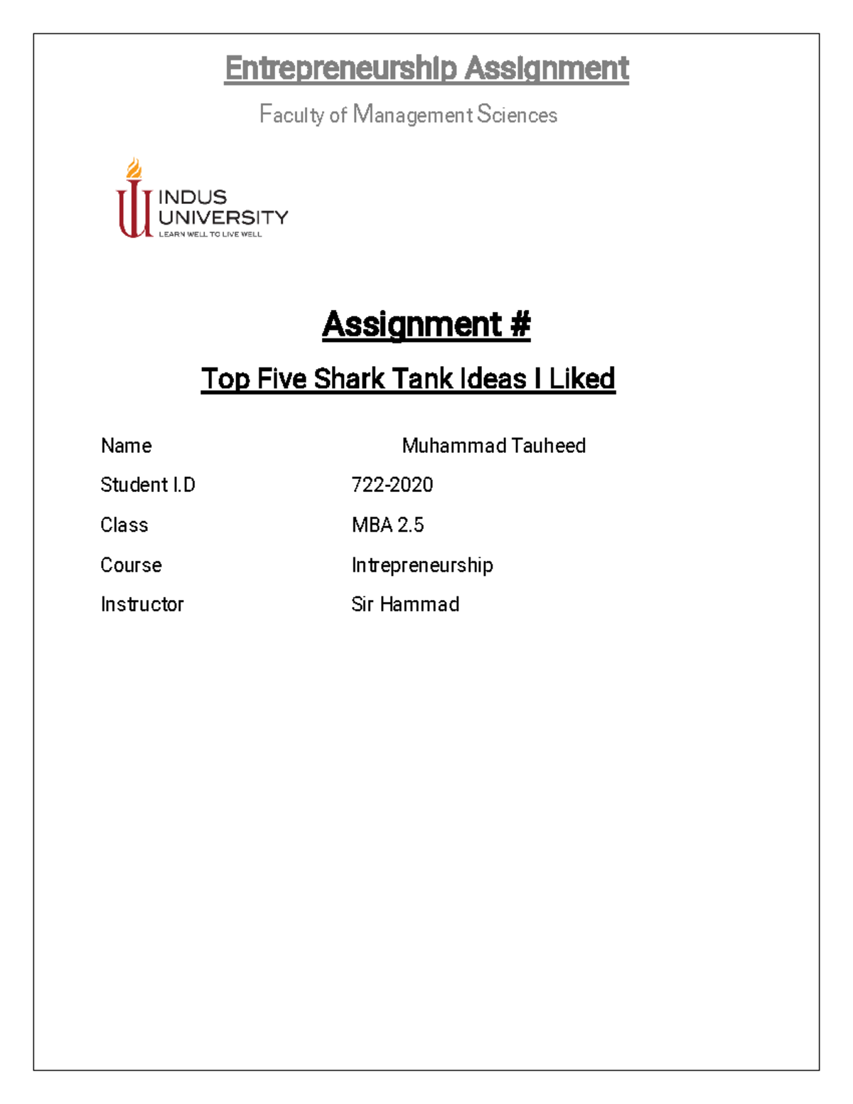 Entrepreneurship Assignment for new startup - F aculty of Management S ...