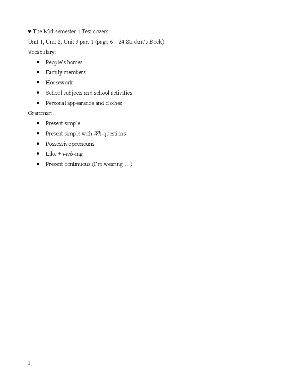 Đề KT giữa HK1 TA6 Smart World - ♥ The Mid-semester 1 Test covers: Unit ...