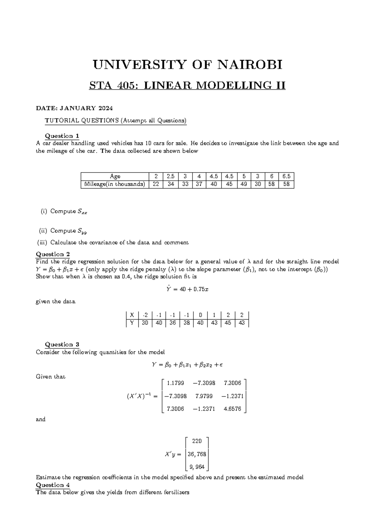 Tutorial Questions STA 405-2024 - UNIVERSITY OF NAIROBI STA 405: LINEAR MODELLING II DATE ...