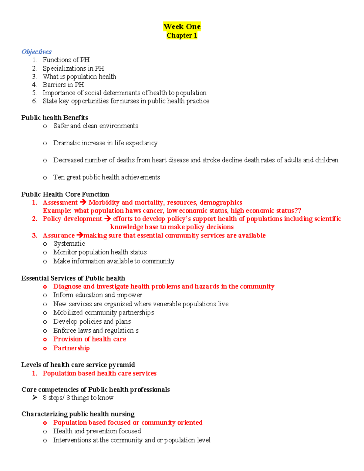 Public health notes - Week One Chapter 1 Objectives Functions of PH ...