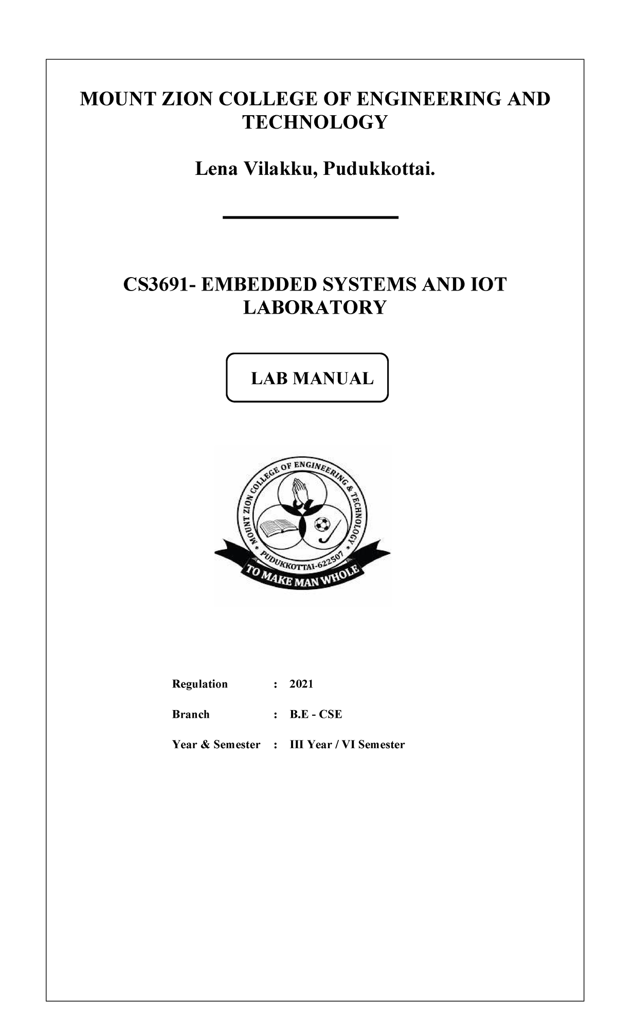 Cs3691 Embedded Systems And Iot Lab Manual Mount Zion College Of Engineering And Technology 