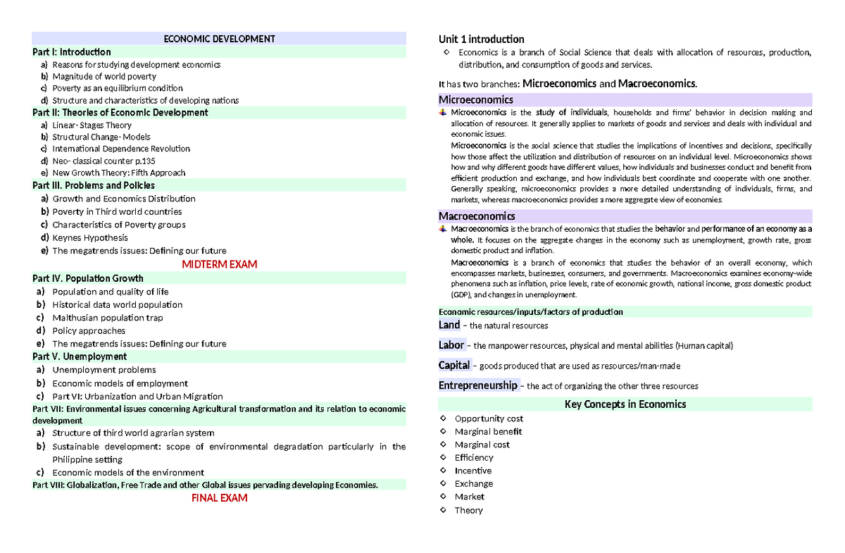 Ecodev- Reviewer - Abm - ECONOMIC DEVELOPMENT Part I: Introduction a) Reasons for studying - Studocu