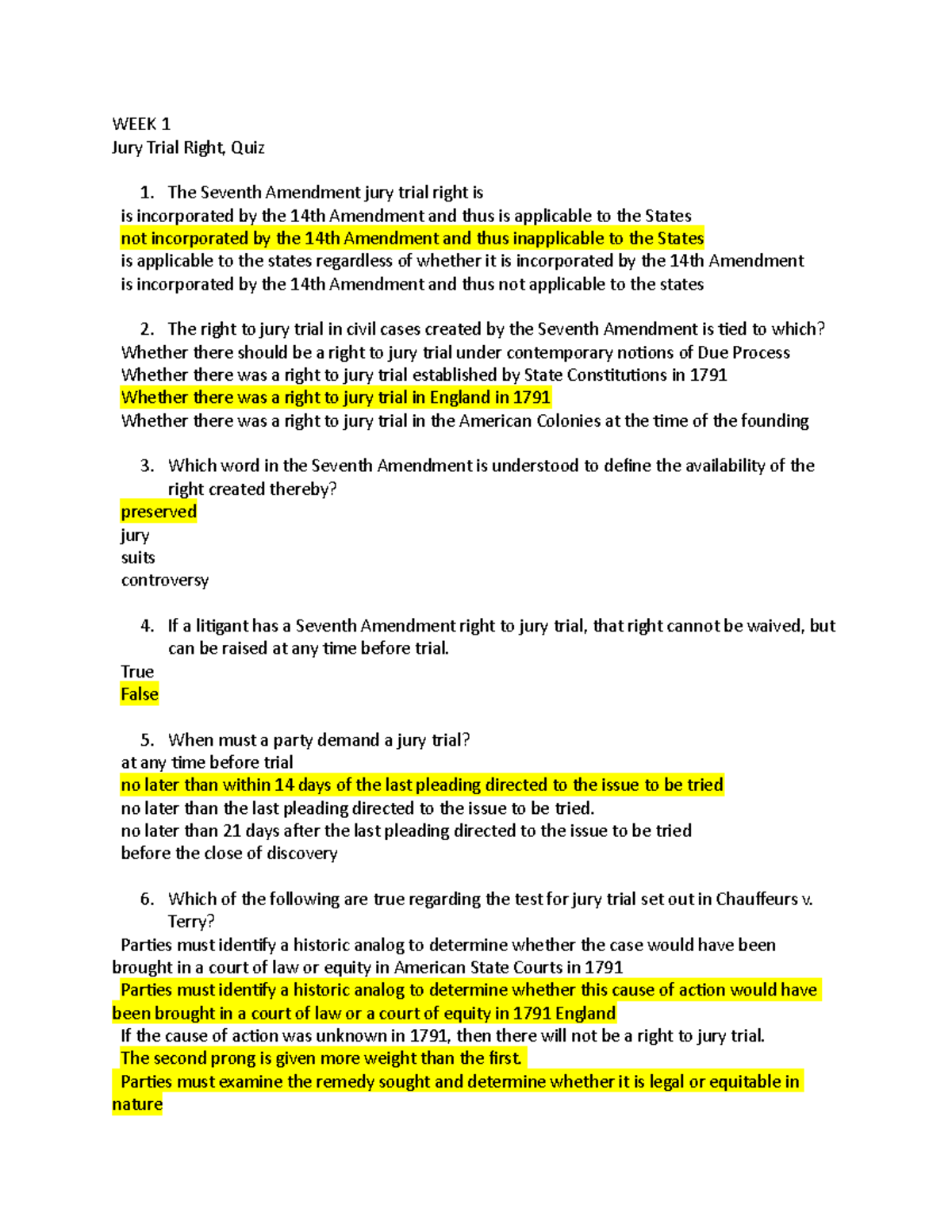 Civil Procedure Quizzes and Essays - WEEK 1 Jury Trial Right, Quiz The ...