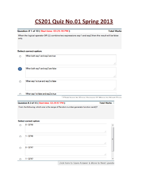 Cs201 quiz 1 to 15Helpfull in Exam - Question # 1 of 10 ( Start time: 01:10:11 PM ) Total Marks ...