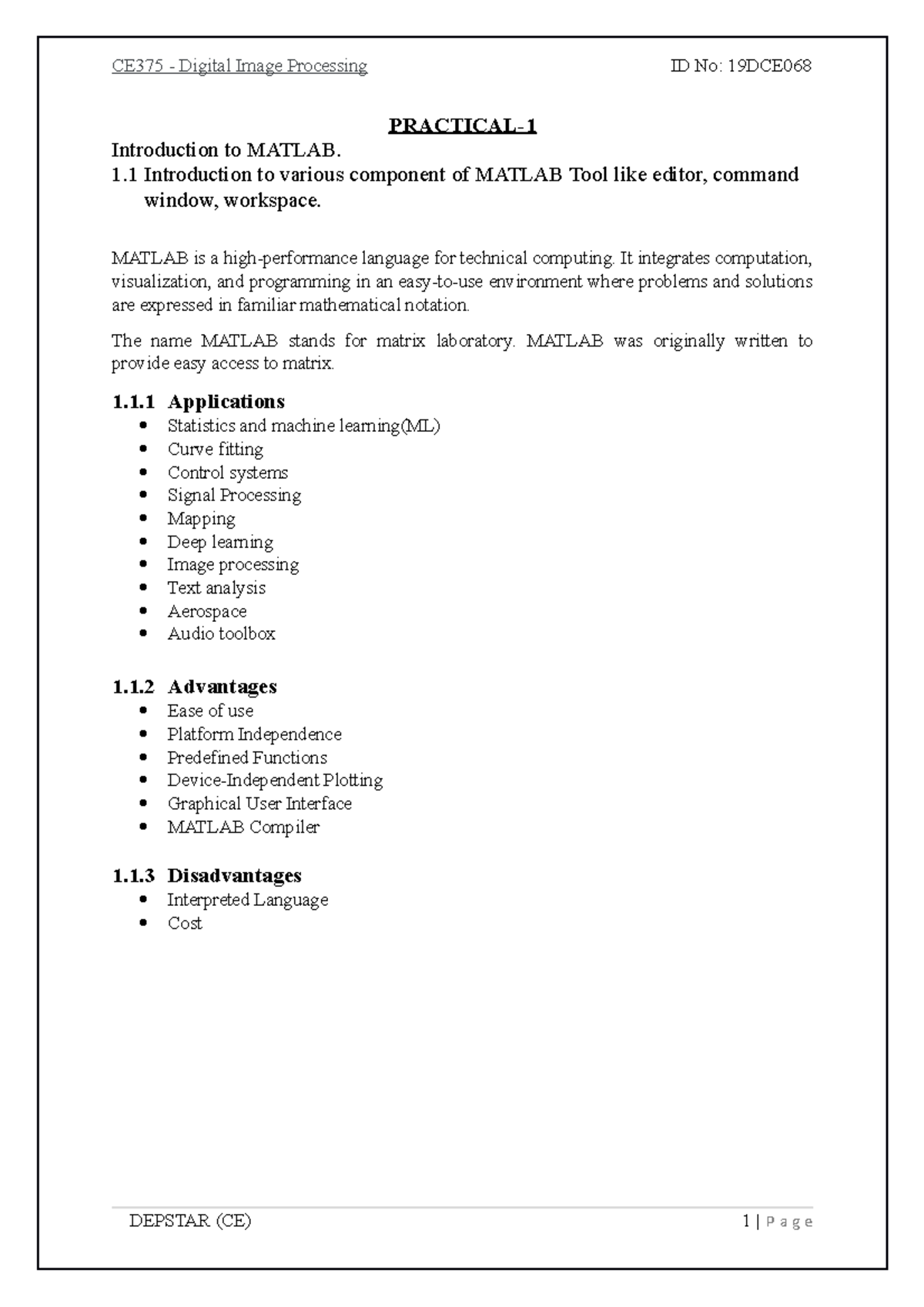 19DCE068 DIP Practical File - PRACTICAL- Introduction to MATLAB. 1 Introduction to various ...