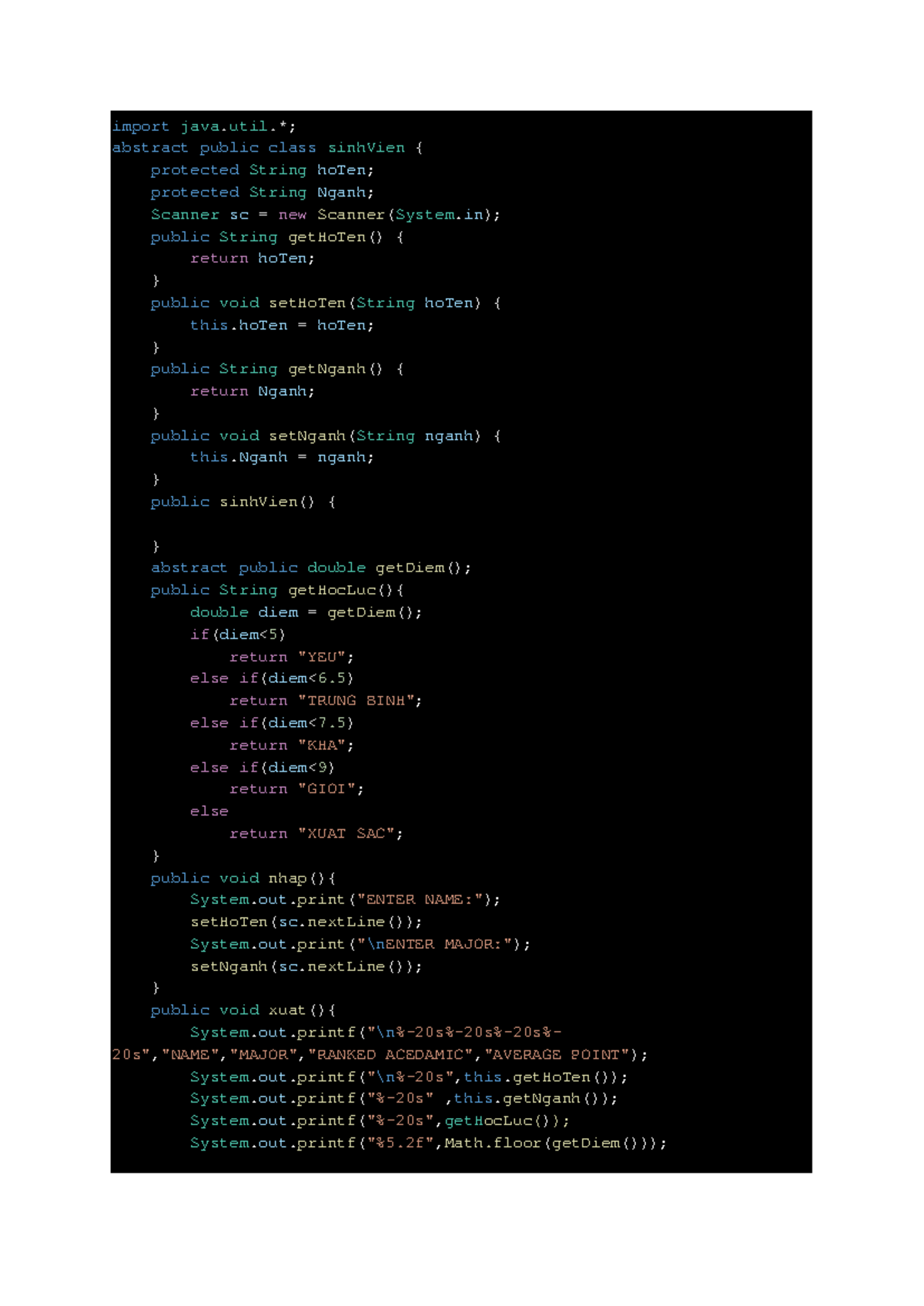 Inheritance - bcvbxbx - import java.*; abstract public class sinhVien { protected String hoTen ...