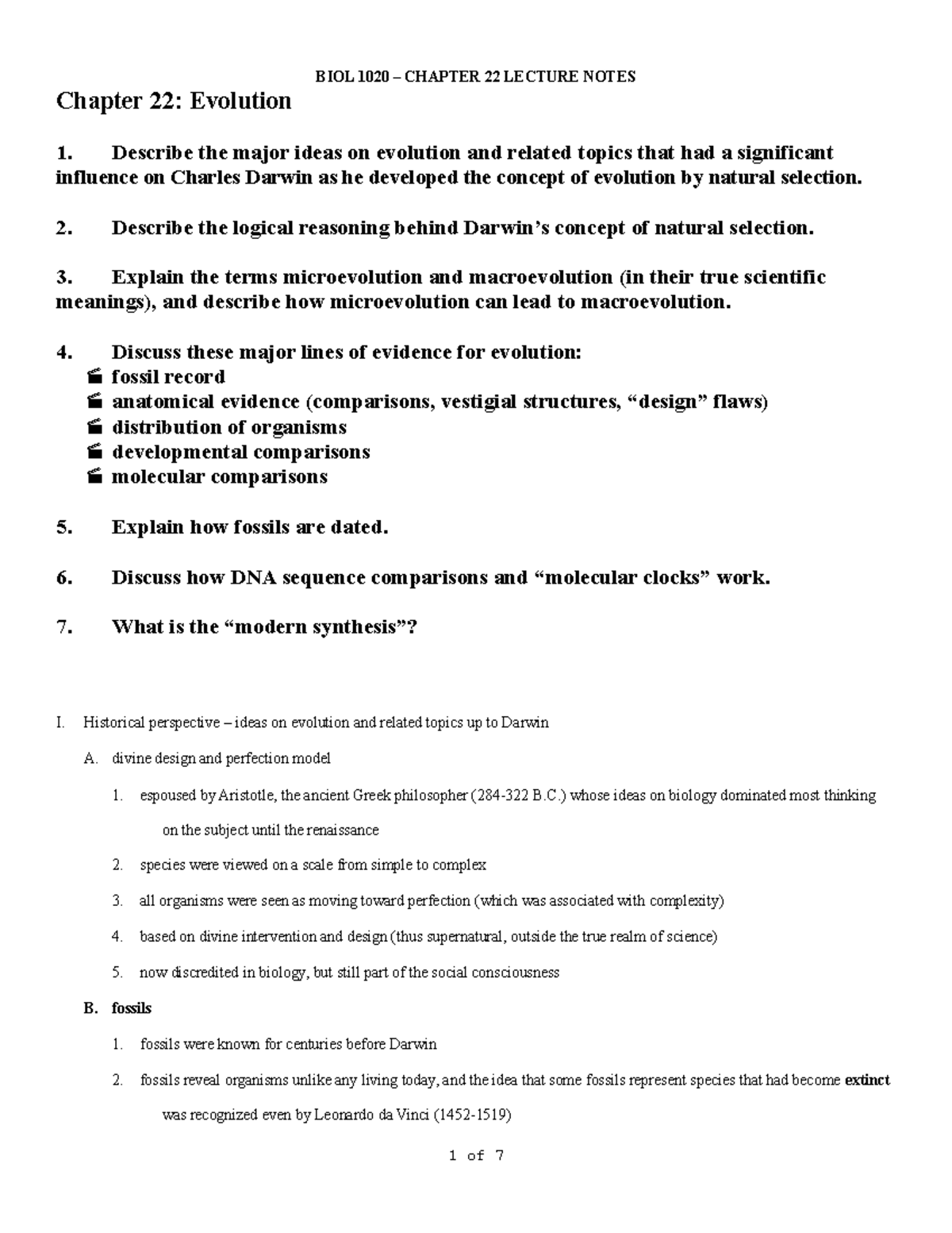 Evolution introduction - Chapter 22: Evolution 1. Describe the major ...