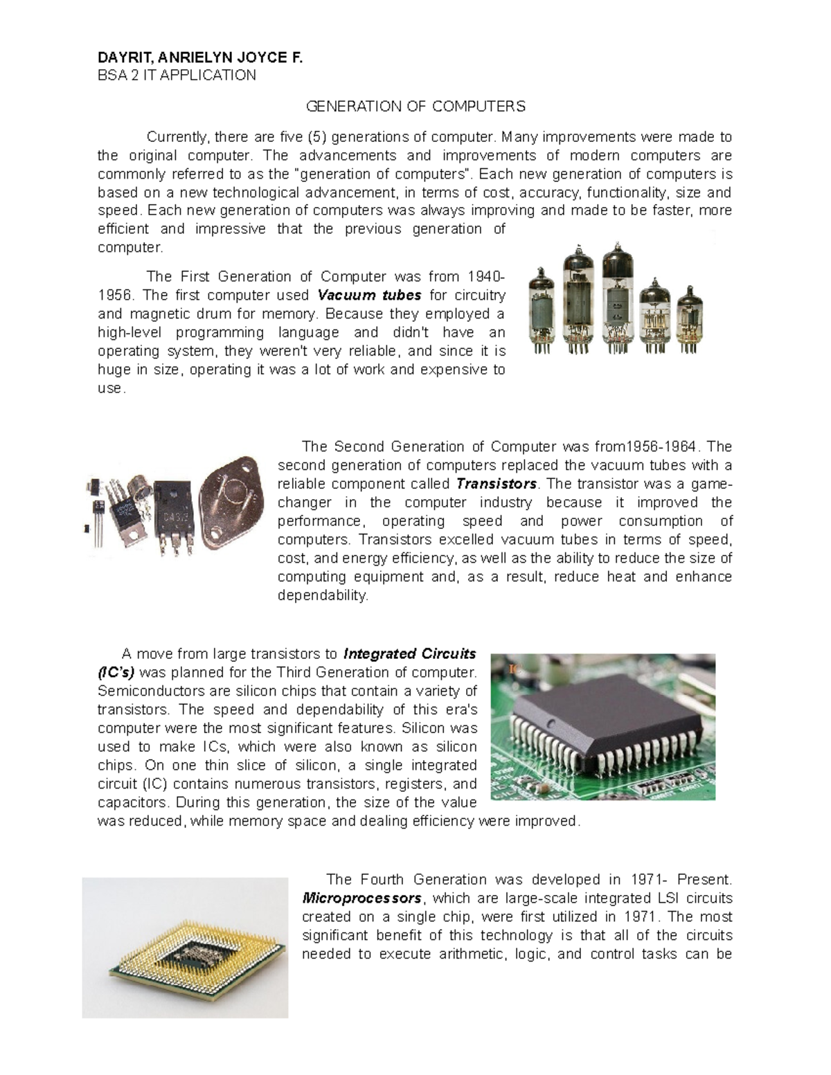 Generation OF Computers - DAYRIT, ANRIELYN JOYCE F. BSA 2 IT ...