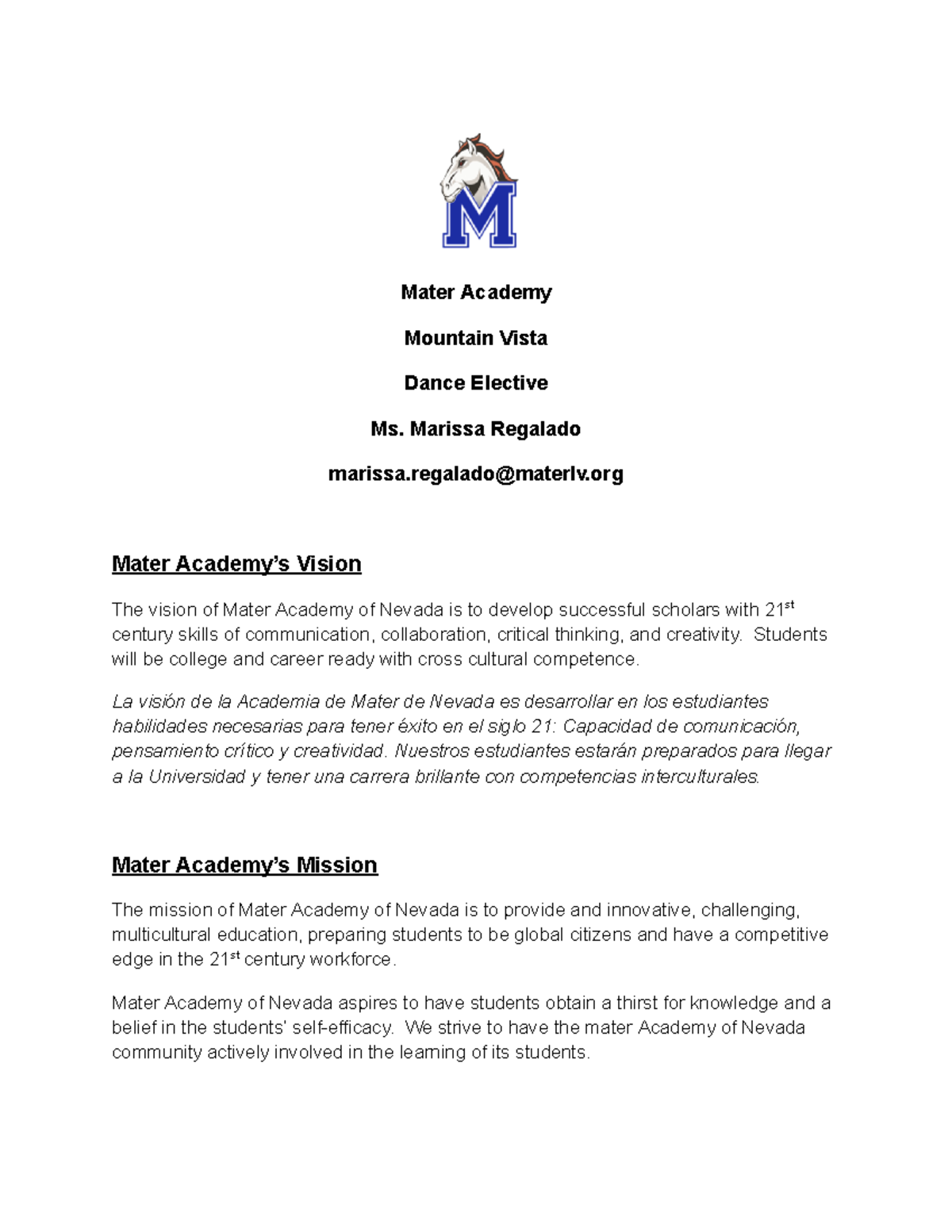 Dance Syllabus - Mater Academy Mountain Vista Dance Elective Ms ...