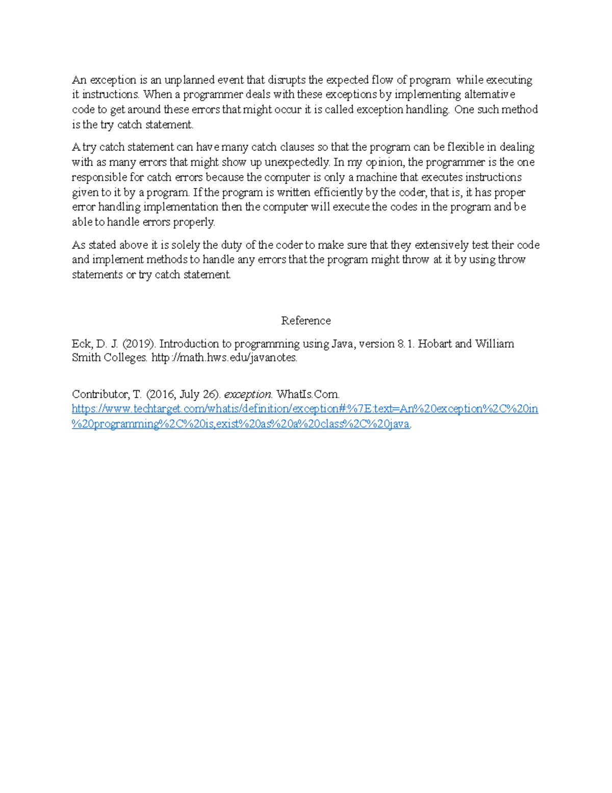 Unit 1 cs1103 discussion - An exception is an unplanned event that disrupts the expected flow of ...