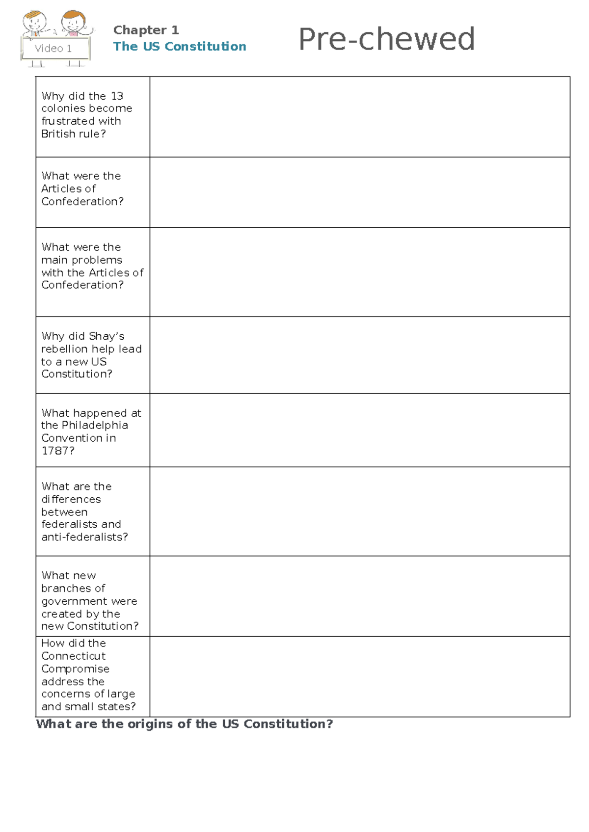 1 - origins of america worksheet - Pre-chewed Politics Chapter 1 Video ...