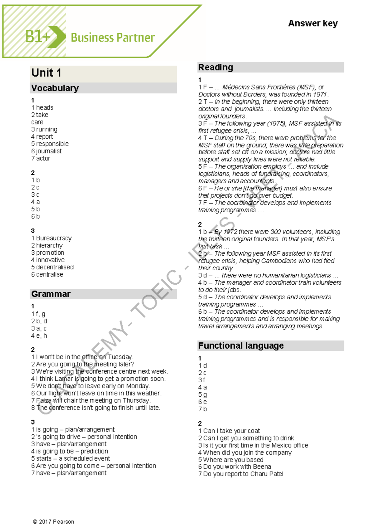 BP B1 WB KEY - KEY - Unit 1 Vocabulary 1 1 heads 2 take care 3 running 4 report 5 responsible 6 ...