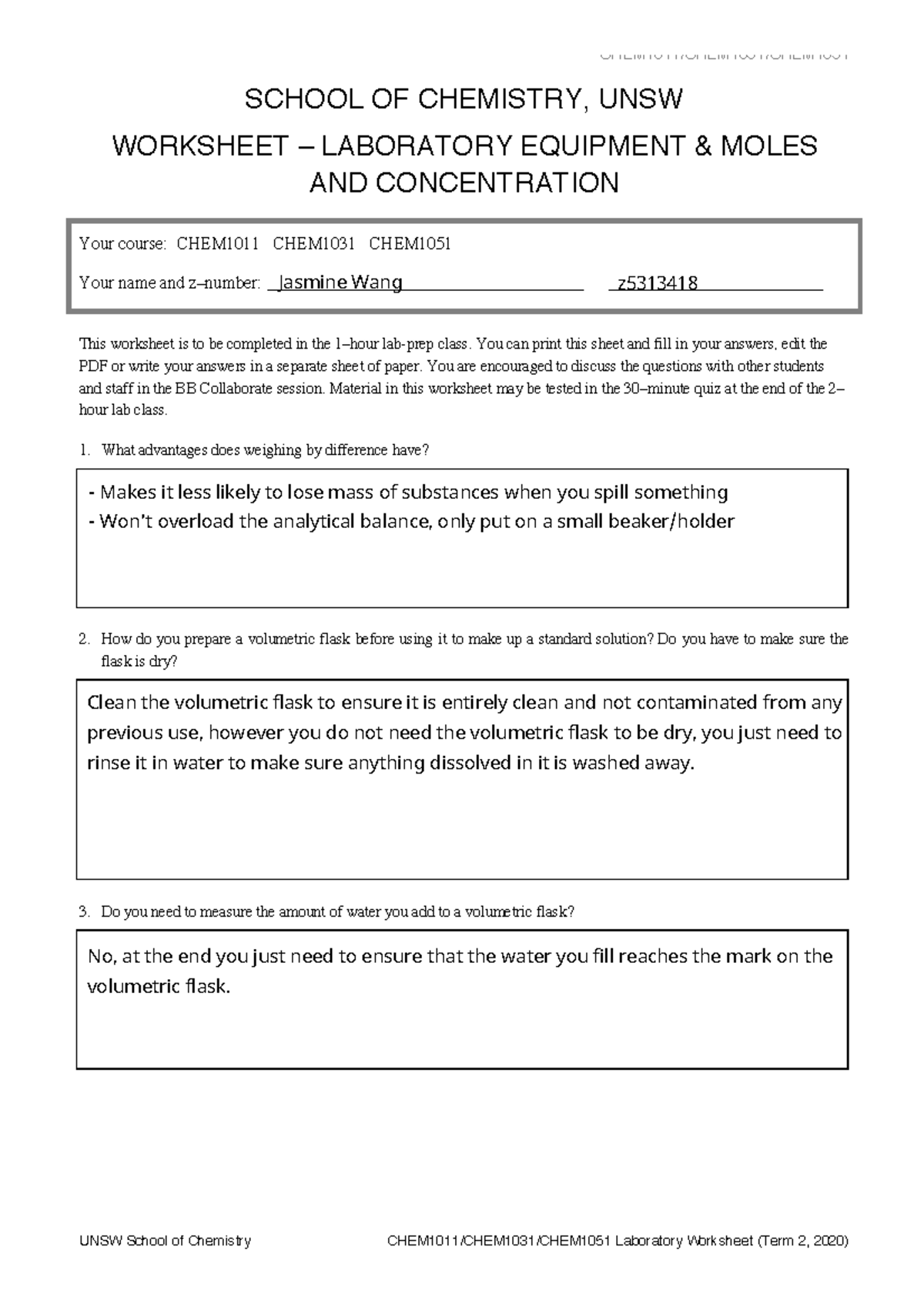 Worksheet 1 - CHEM1011 Week 1 - CHEM1011/CHEM1031/CHEM UNSW School of ...