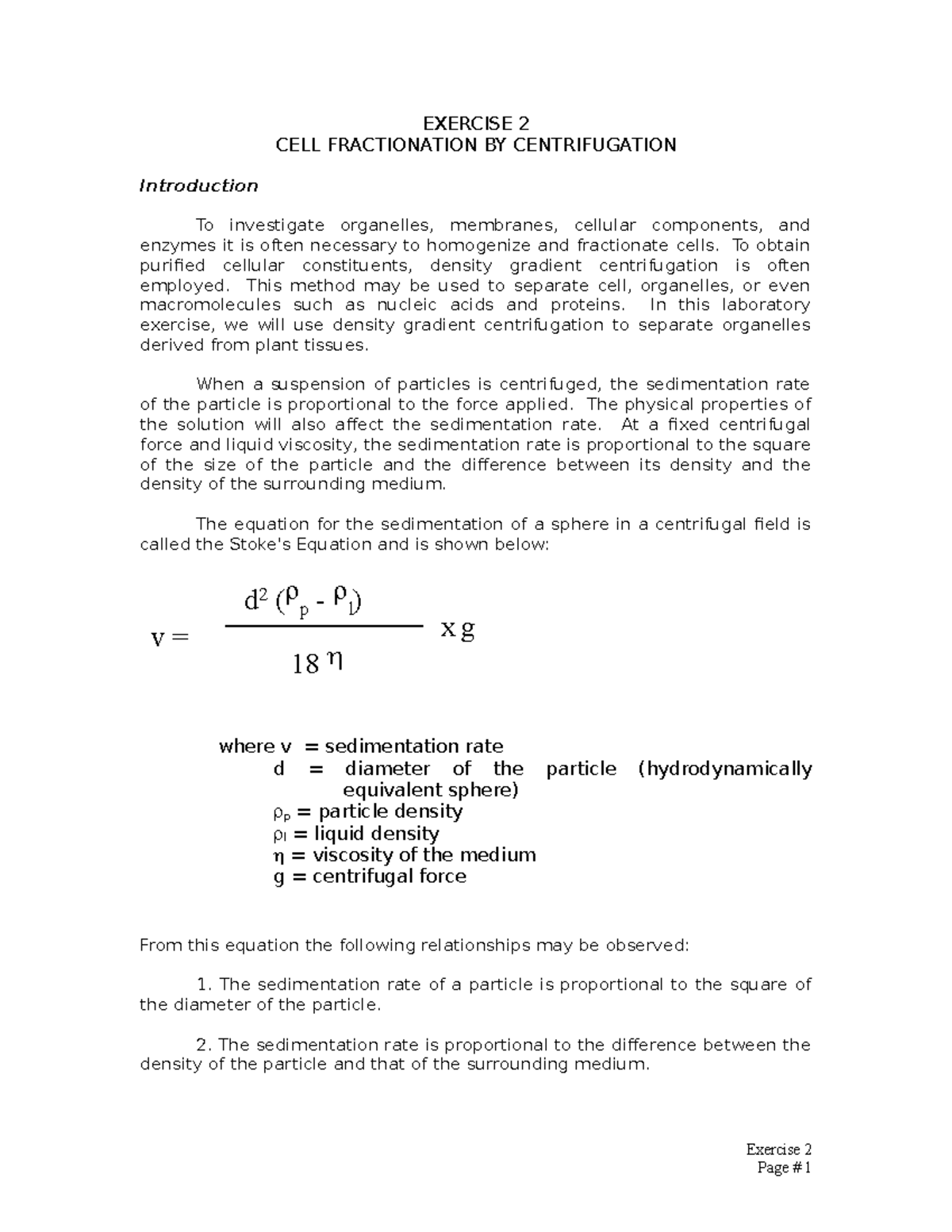 Exercise 2 (centrifugation) - EXERCISE 2 CELL FRACTIONATION BY CENTRIFUGATION Introduction To ...