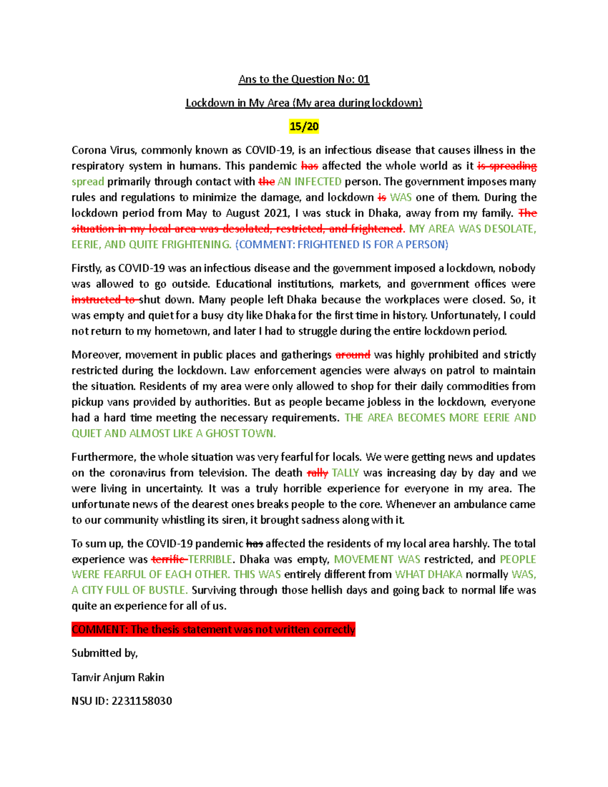 T9 Essay Writing - Lockdown in My Area Correction - Ans to the Question ...