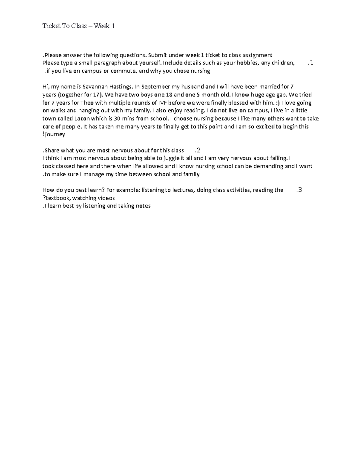 TTC Week 1 - Ticket to class - Ticket To Class – Week 1 . Please answer ...