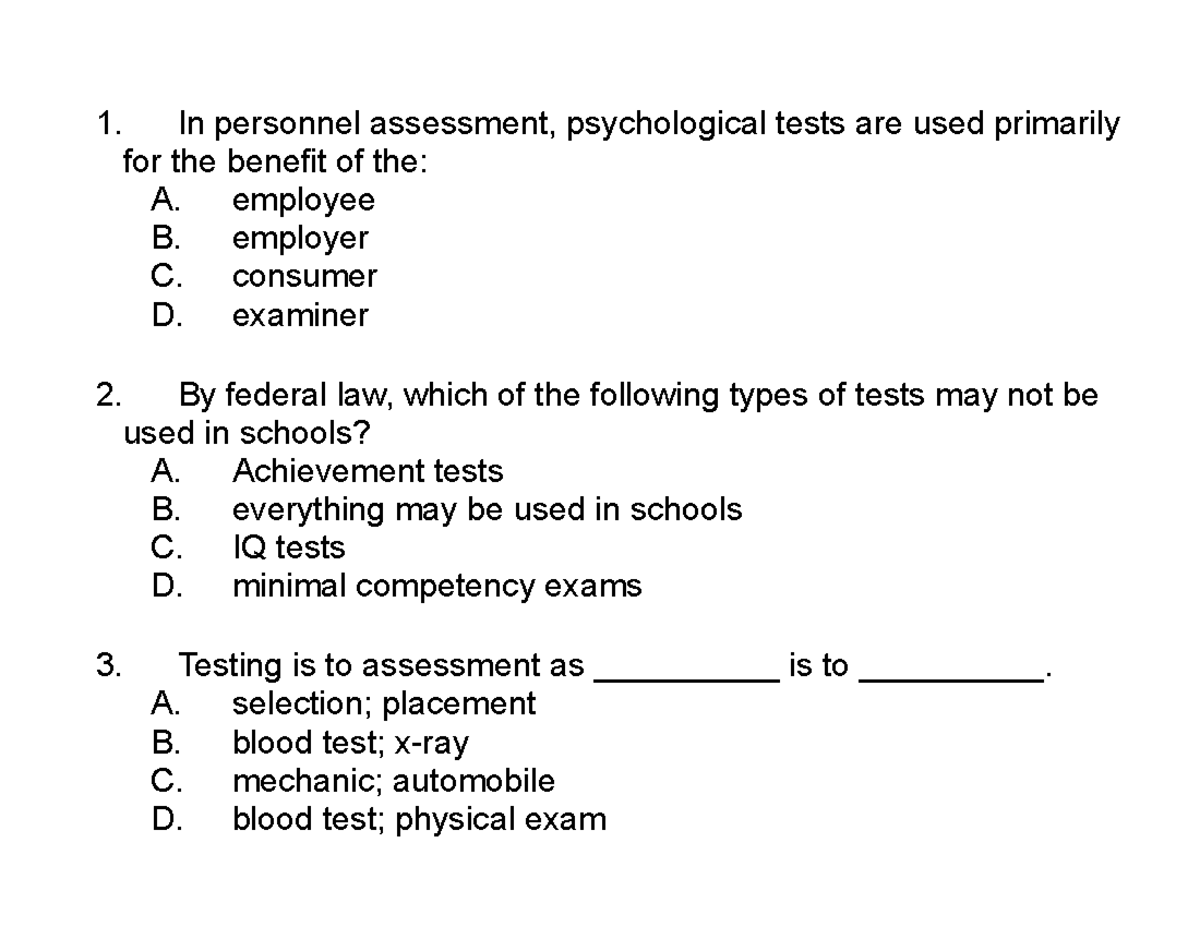 Objective Quiz 1 - In personnel assessment, psychological tests are ...