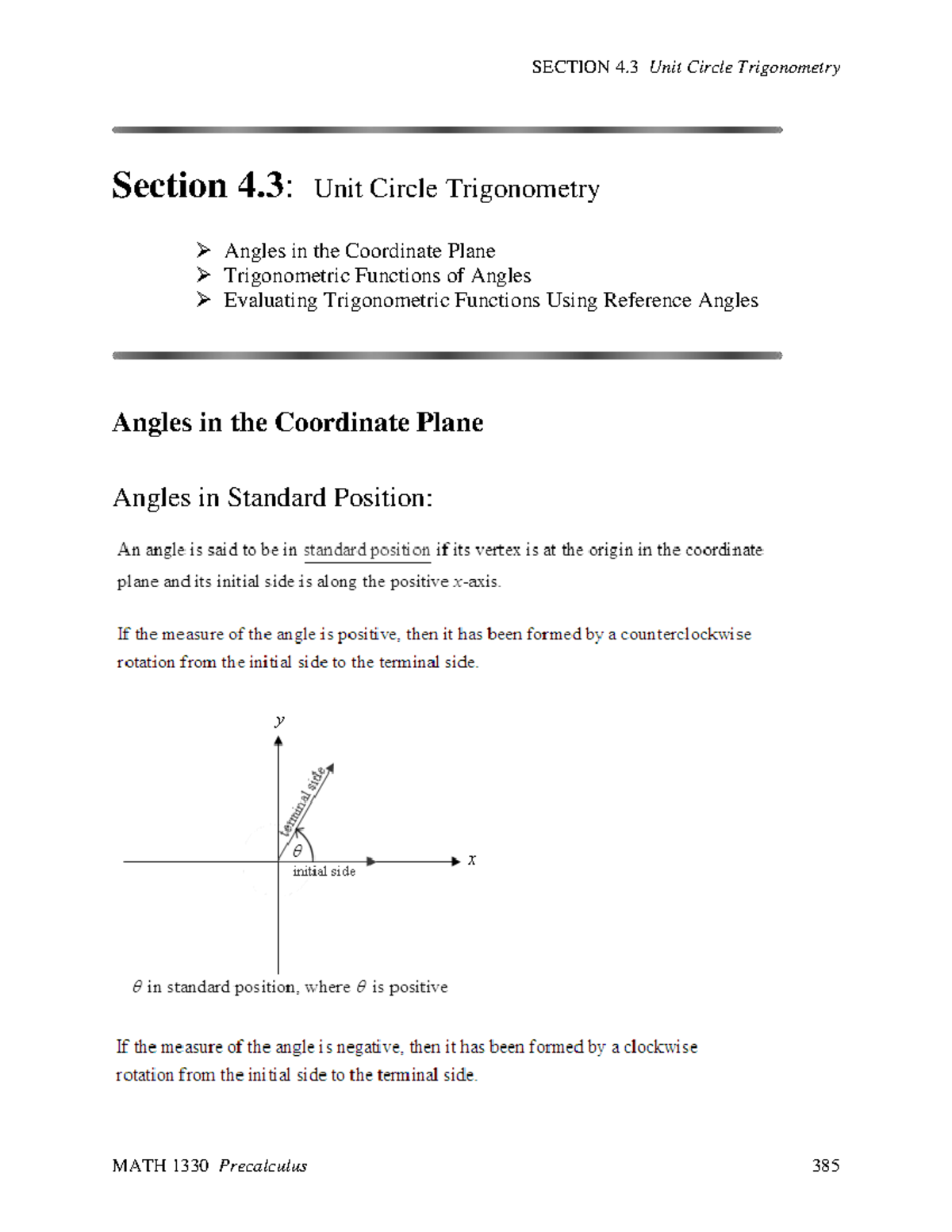 1330 Ch4 Section 3 - Hdhdhd - SECTION 4 Unit Circle Trigonometry MATH ...