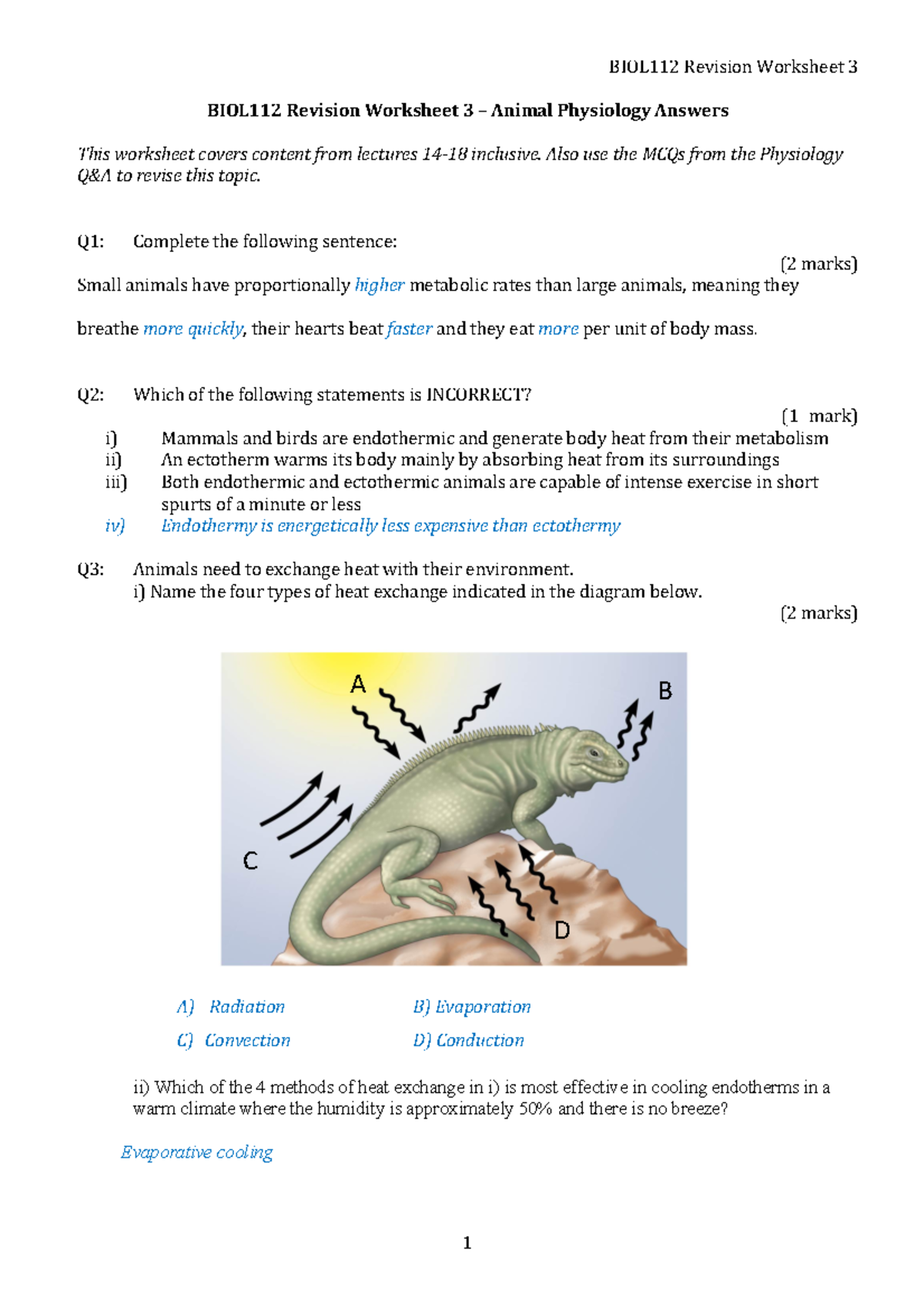 BIOL112 Revision Worksheet 3 Animal Physiology Answers - BIOL112 ...