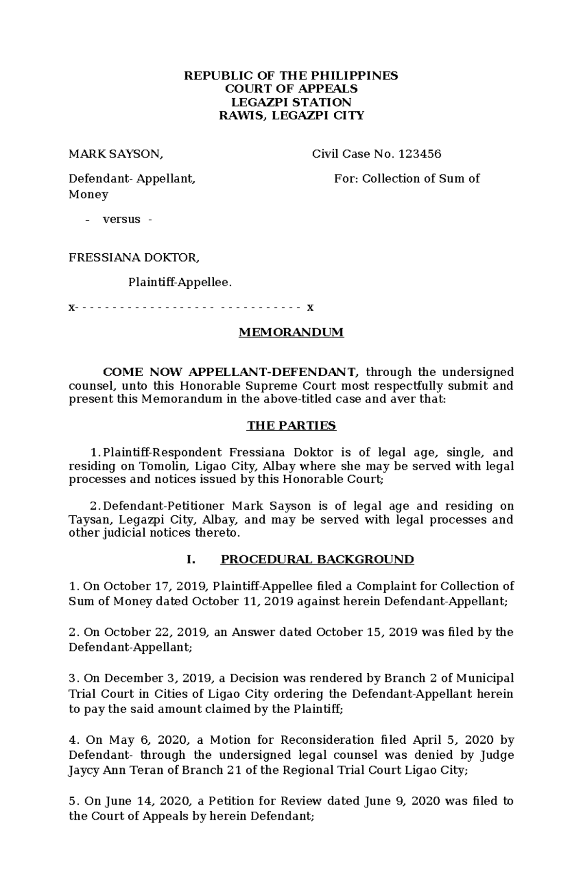 Appellant's Memorandom - REPUBLIC OF THE PHILIPPINES COURT OF APPEALS ...