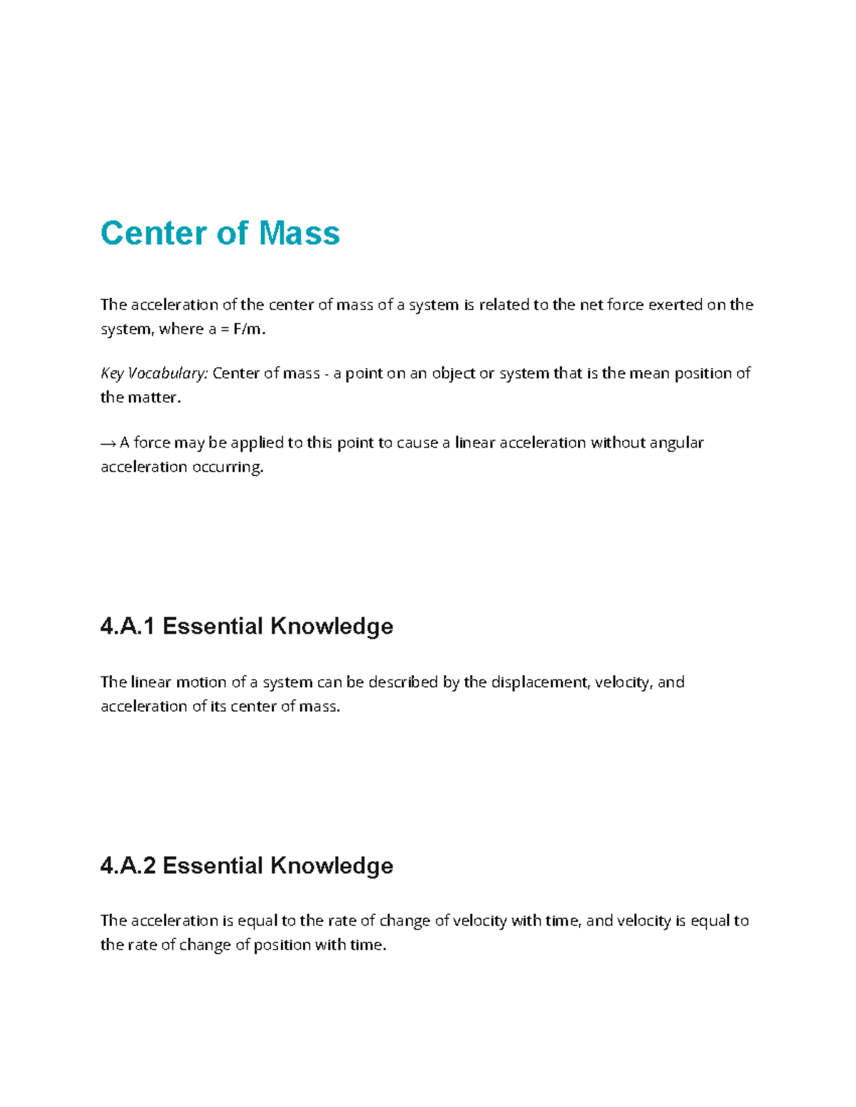 Physics 1 - notes - Center of Mass The acceleration of the center of ...