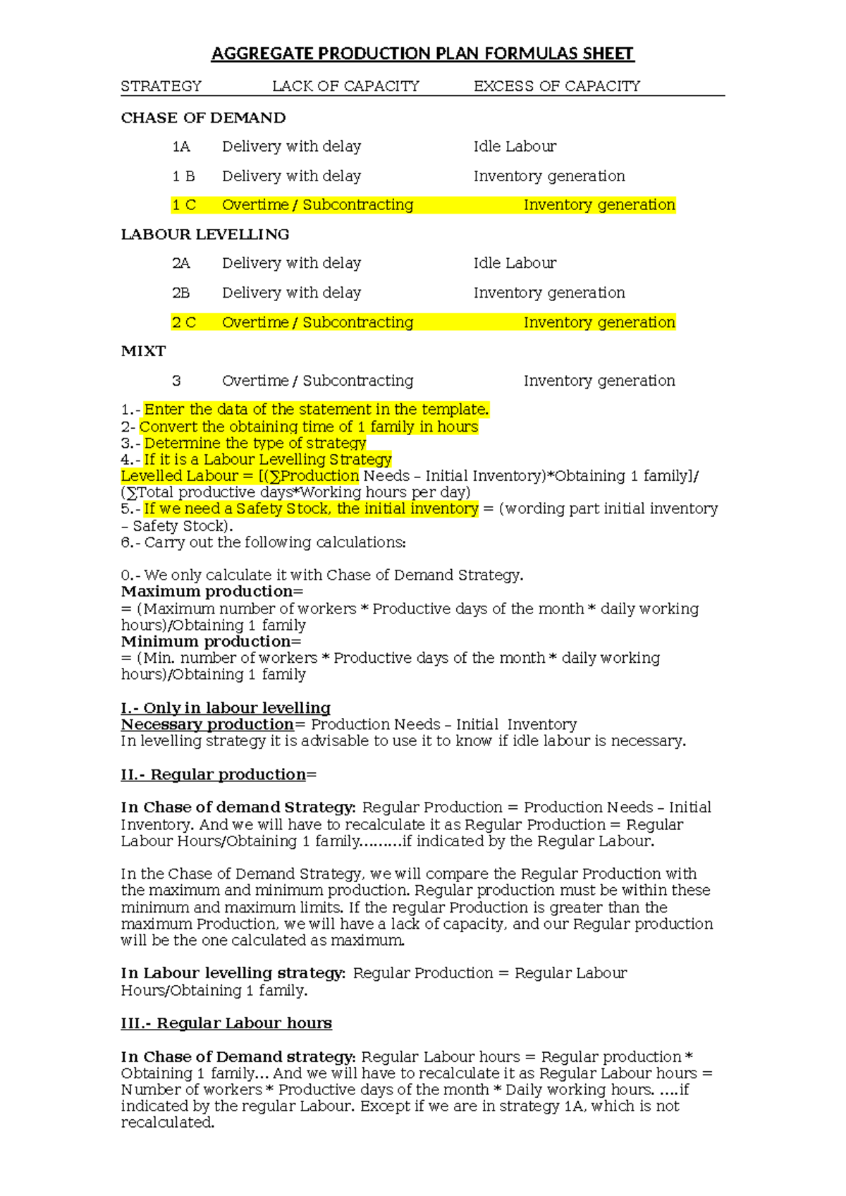 2.0 - Formulas Sheet Aggregate Plan v.2 - AGGREGATE PRODUCTION PLAN ...