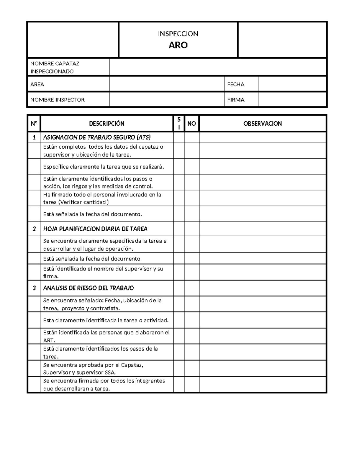 17 Revision DE ARO - INSPECCION ARO NOMBRE CAPATAZ INSPECCIONADO AREA ...